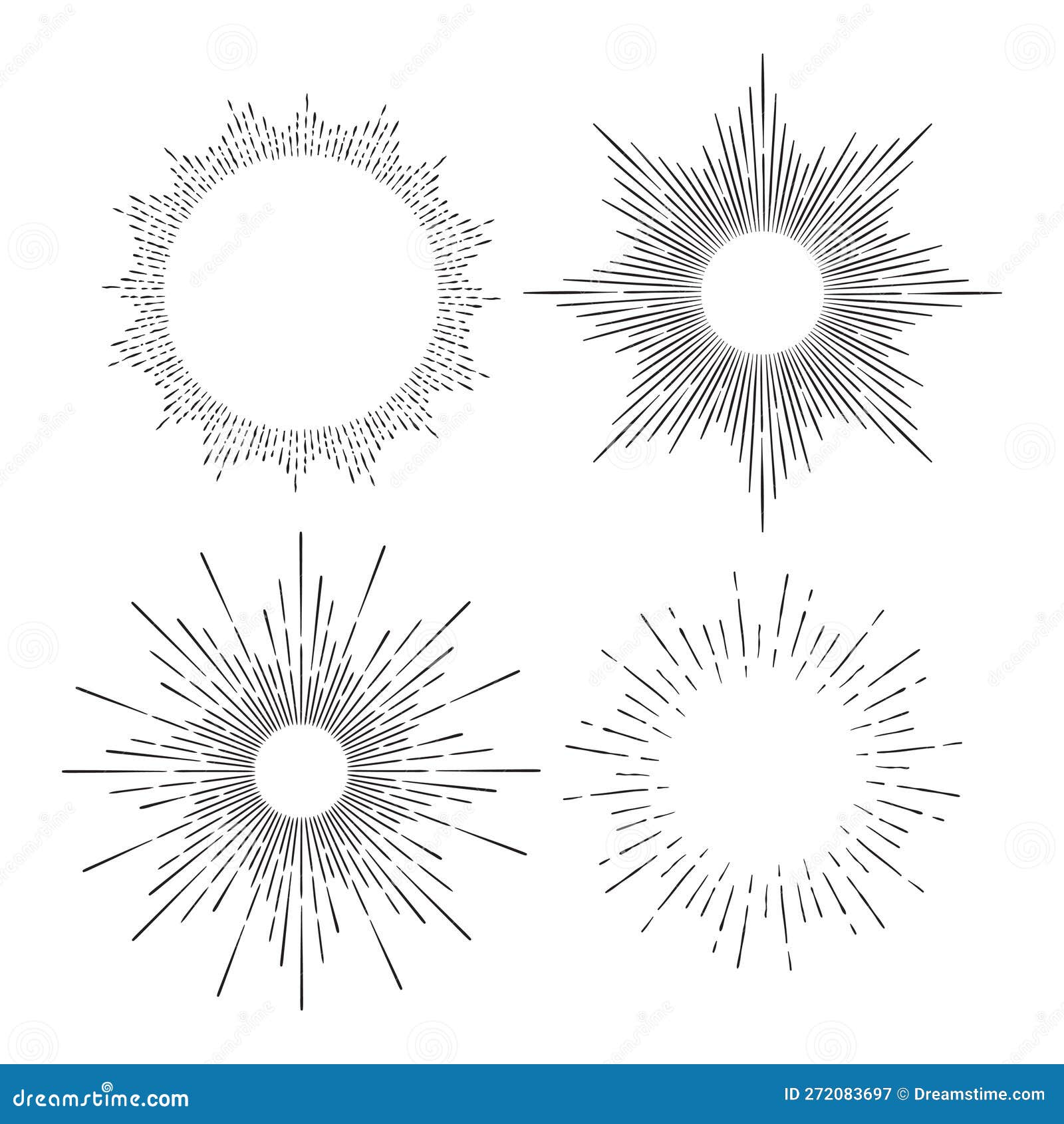 Hand Drawn Set of Sunburst Etching Style Frame Rays Vector Illustration ...
