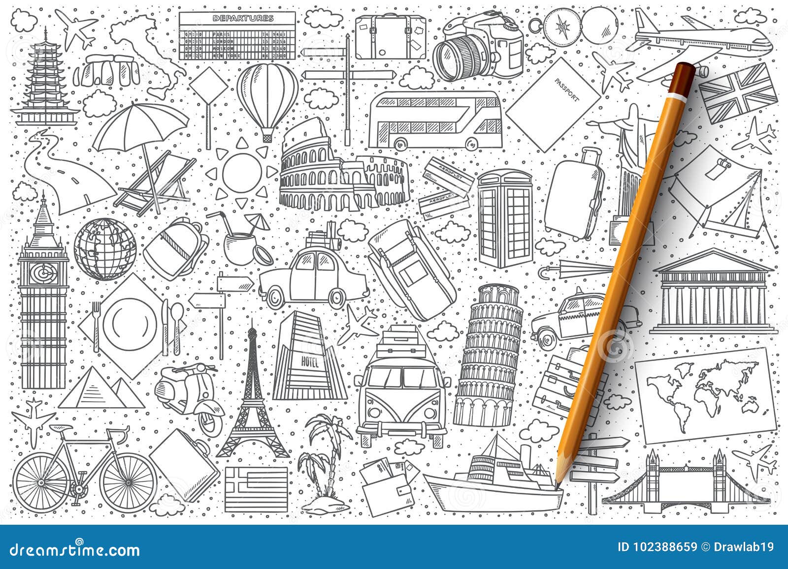 Travel doodle vector set stock vector. Illustration of beach - 102388659