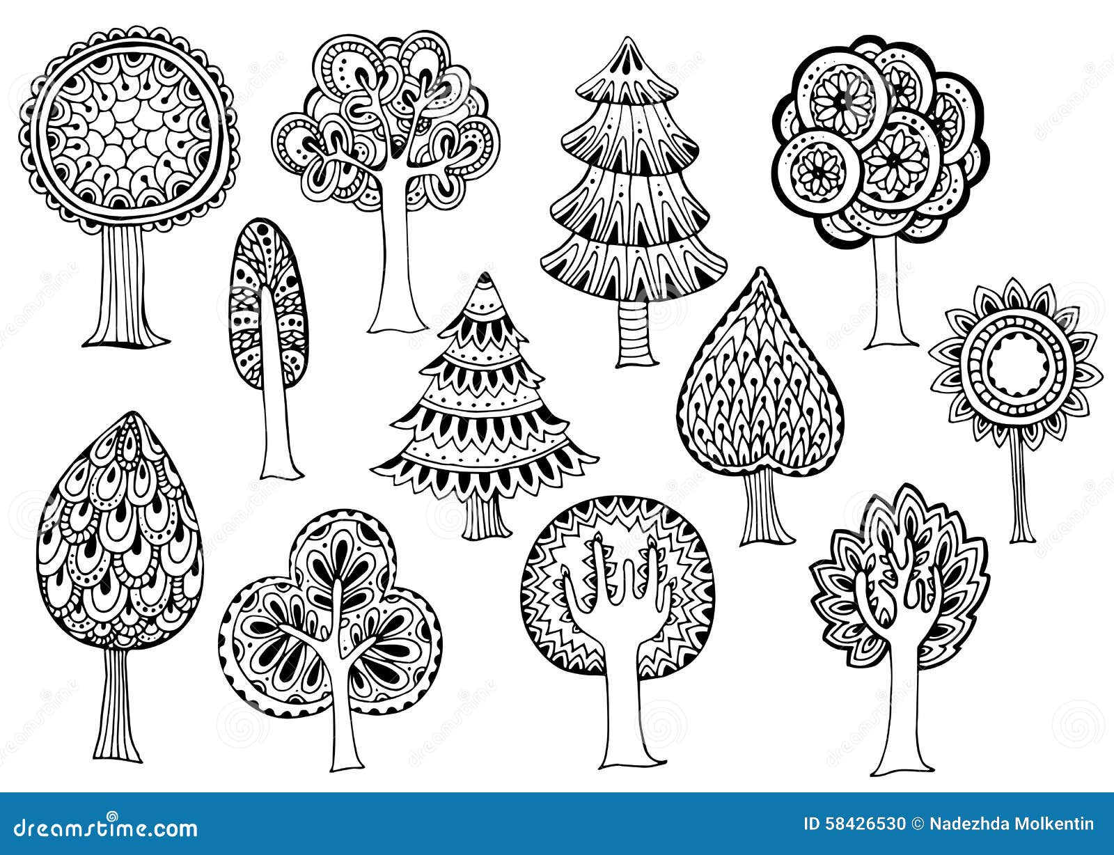 Hand Drawn Set of Trees in Doodle Style. Stock Illustration ...