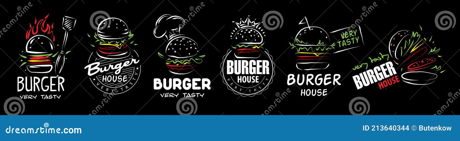 Hand Drawn Set of Vector Burger Logos on Black Background Stock Vector ...