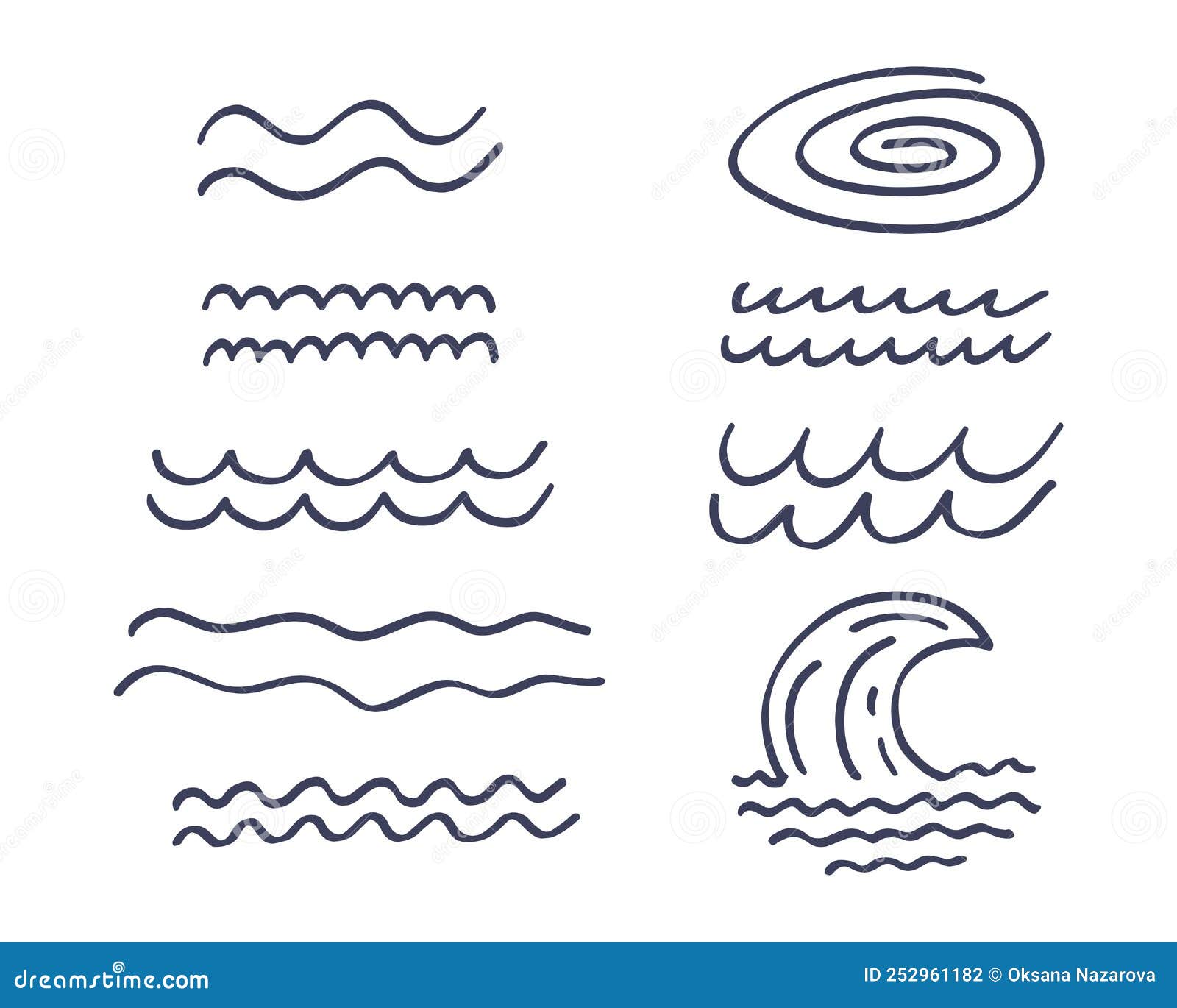 Hand Drawn Set of Wave Water Elements Stock Vector - Illustration of ...