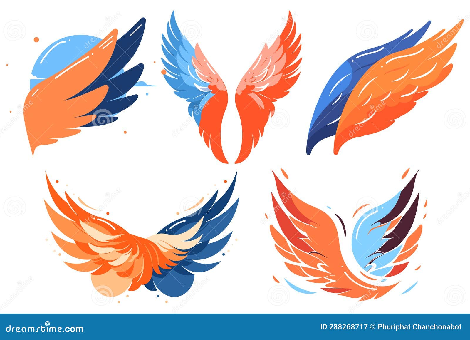 Hand Drawn Set of Wings Logo in Flat Style Stock Vector - Illustration ...