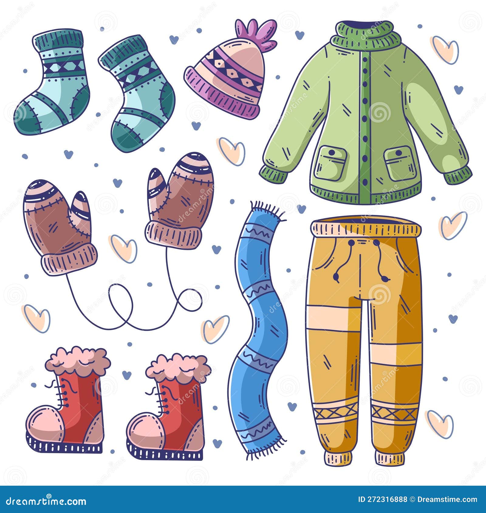 Hand Drawn Set of Winter Essentials Doodle Fullcolor Stock Vector ...