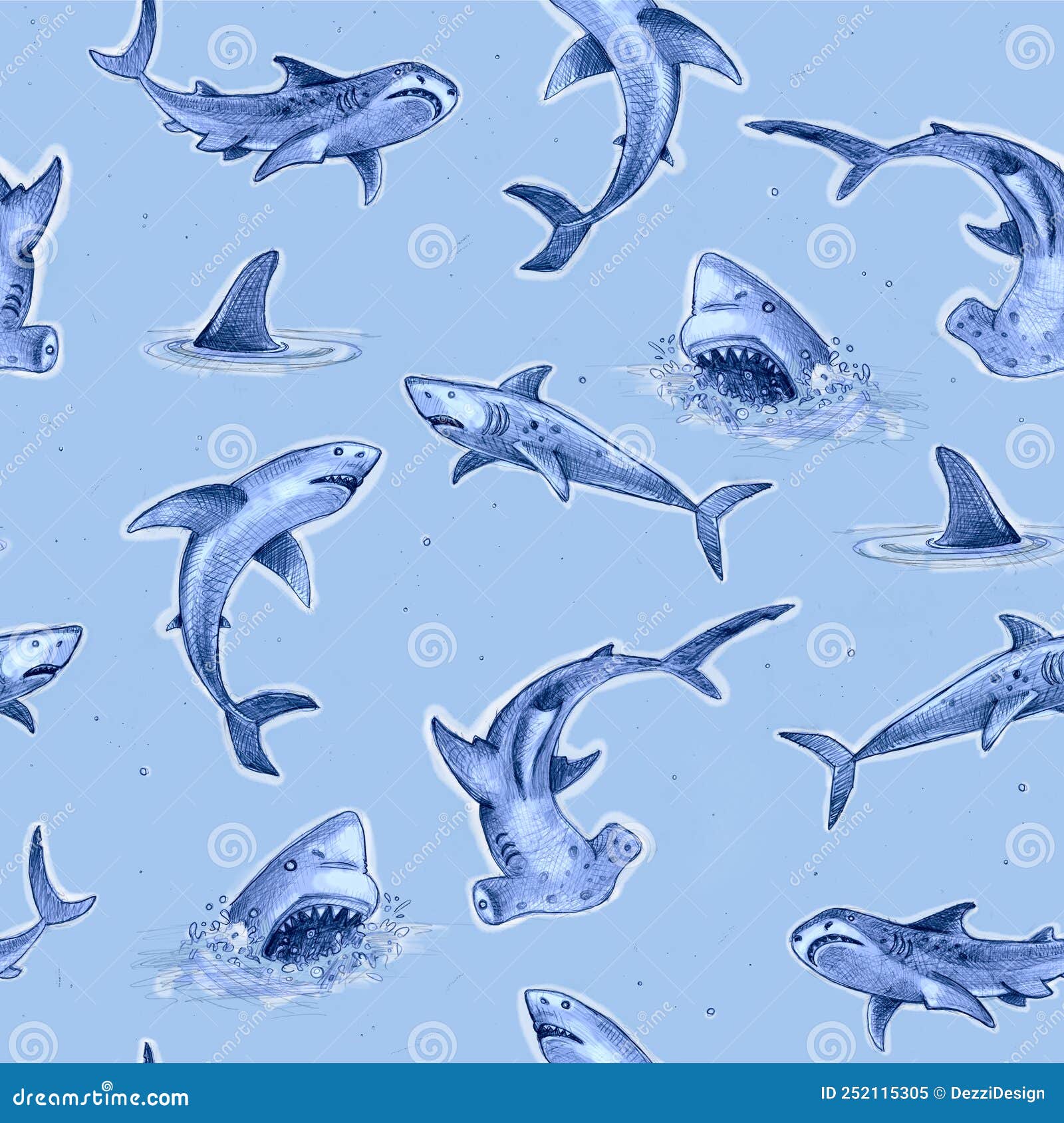 Hand-drawn Sharks in a Repeating Pattern Stock Image - Image of sketch ...
