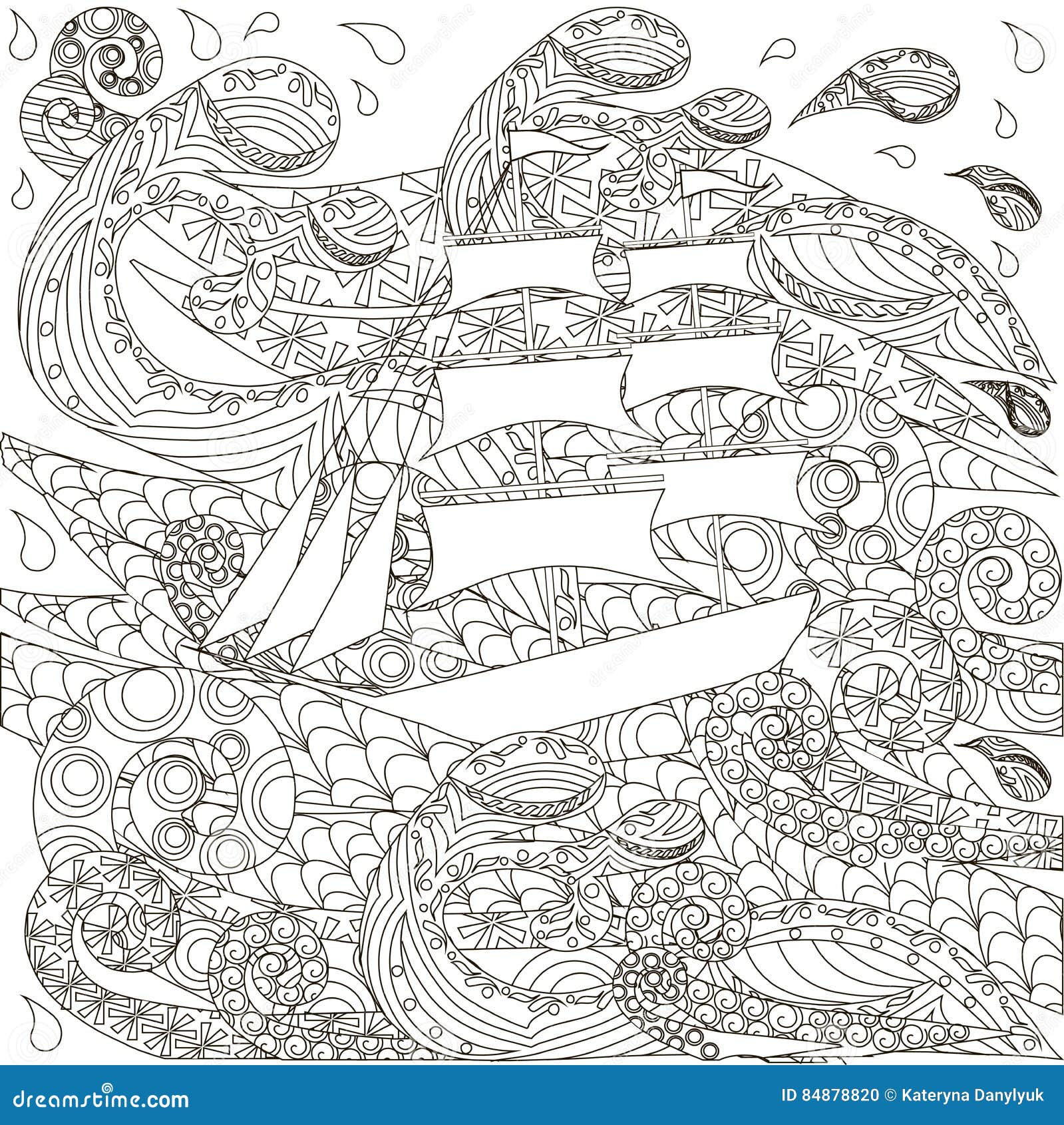 Hand Drawn Ship on Zentangle Waves Stock Vector - Illustration of storm ...