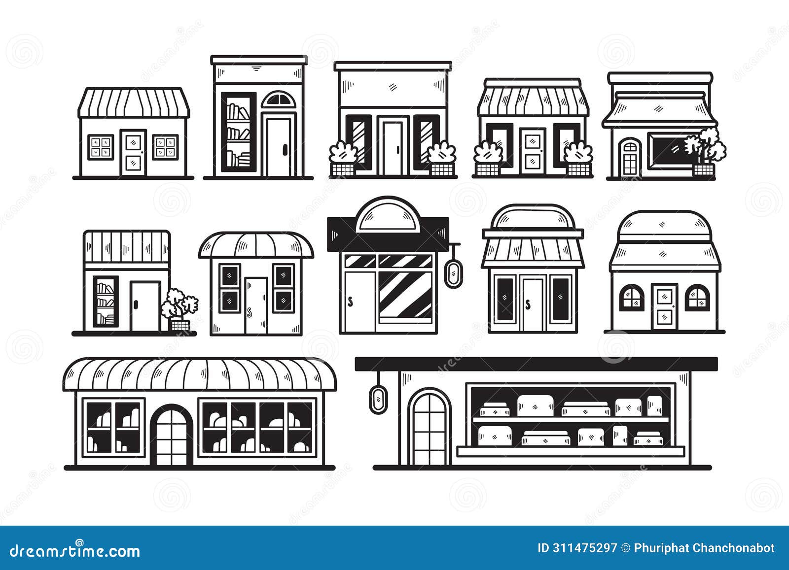 Hand Drawn Shop Fronts and Buildings in Flat Style Stock Vector ...