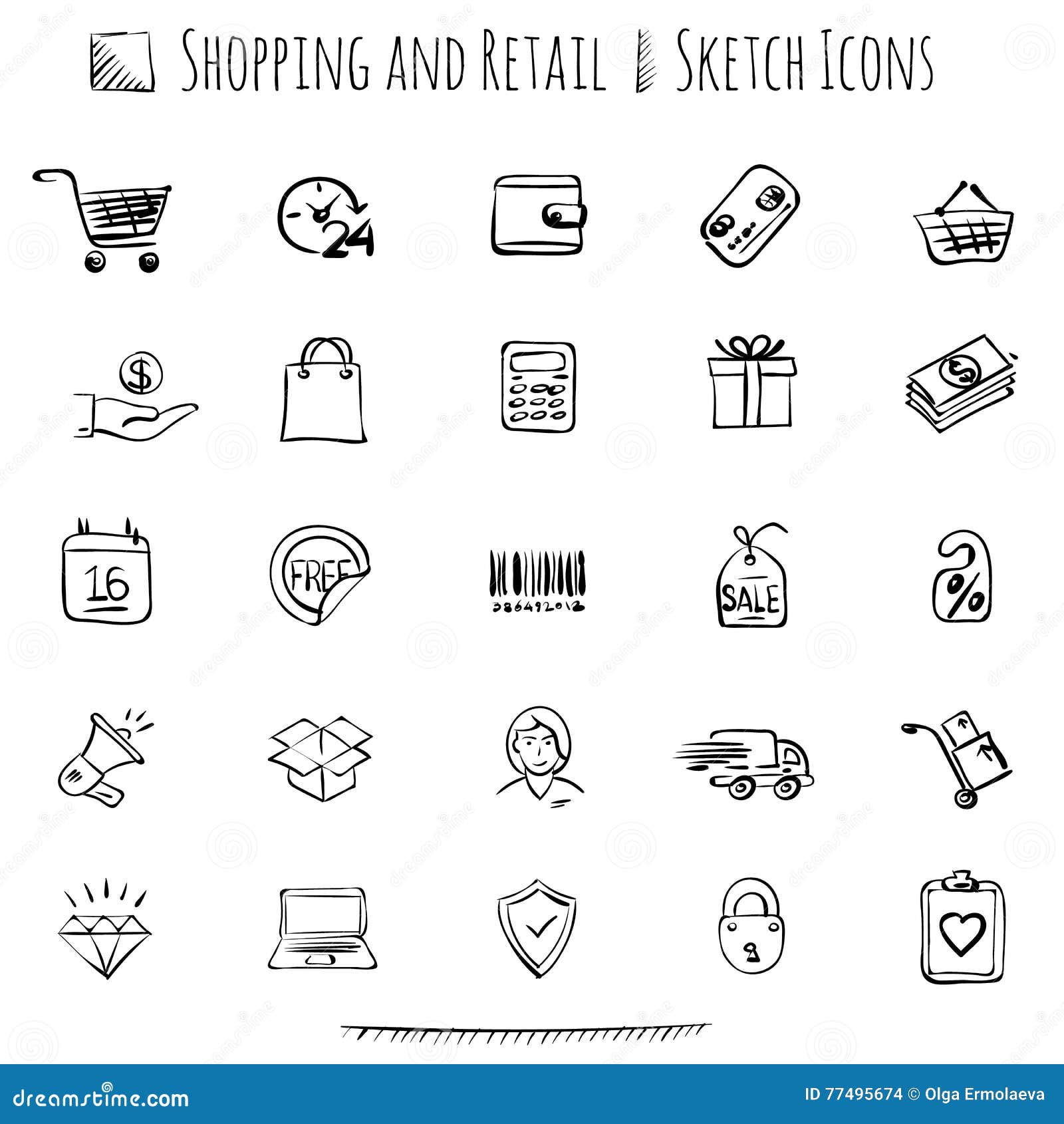 Hand drawn shopping icons. stock vector. Illustration of basket - 77495674
