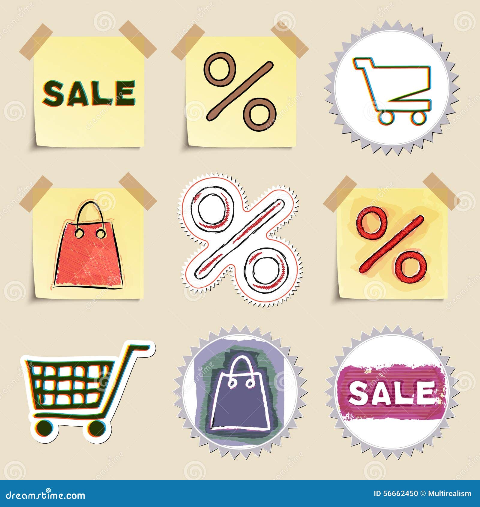 Hand Drawn Shopping and Marketing Emblems Set Stock Illustration ...