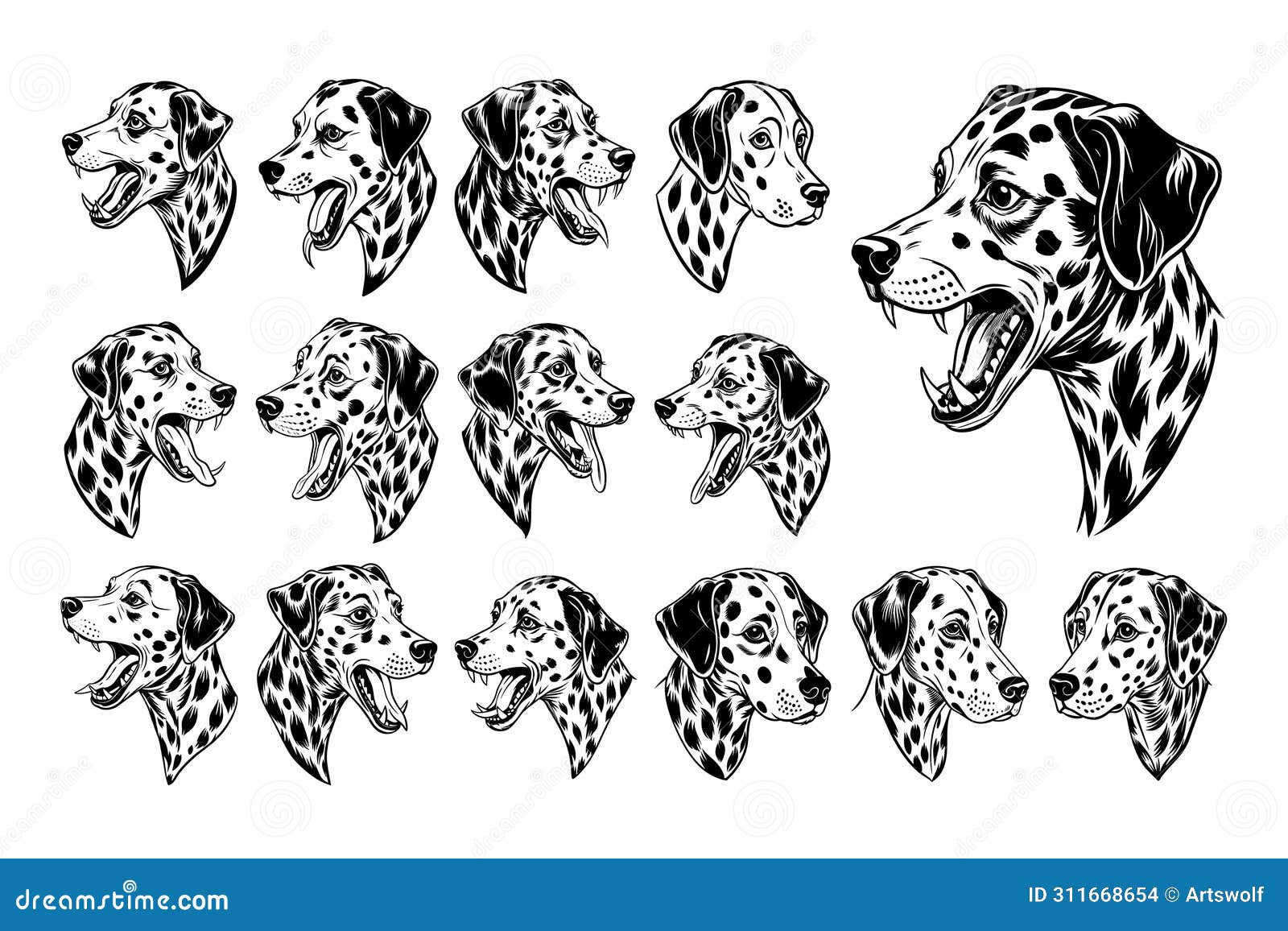 Hand Drawn Side View Dalmatian Dog Head Illustration Design Set Stock ...