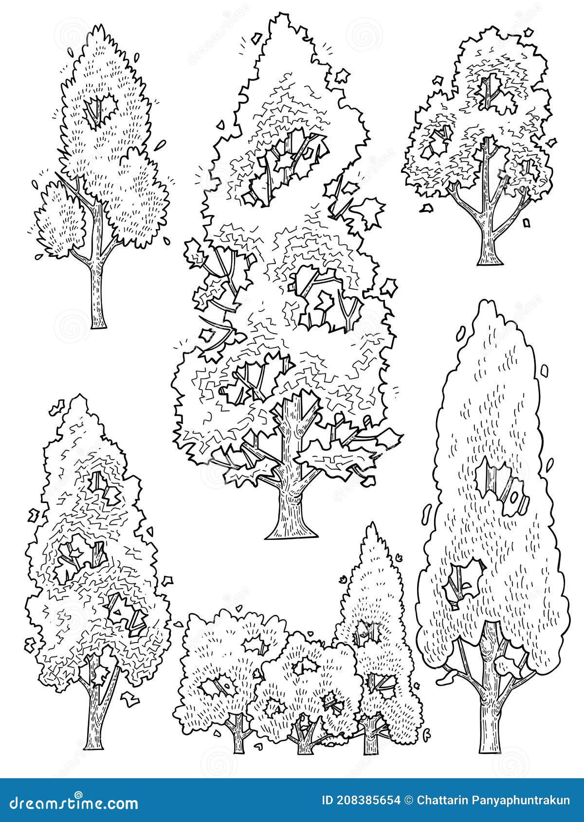 Hand Drawn Side View Tree Vector Set. Stock Vector - Illustration of ...