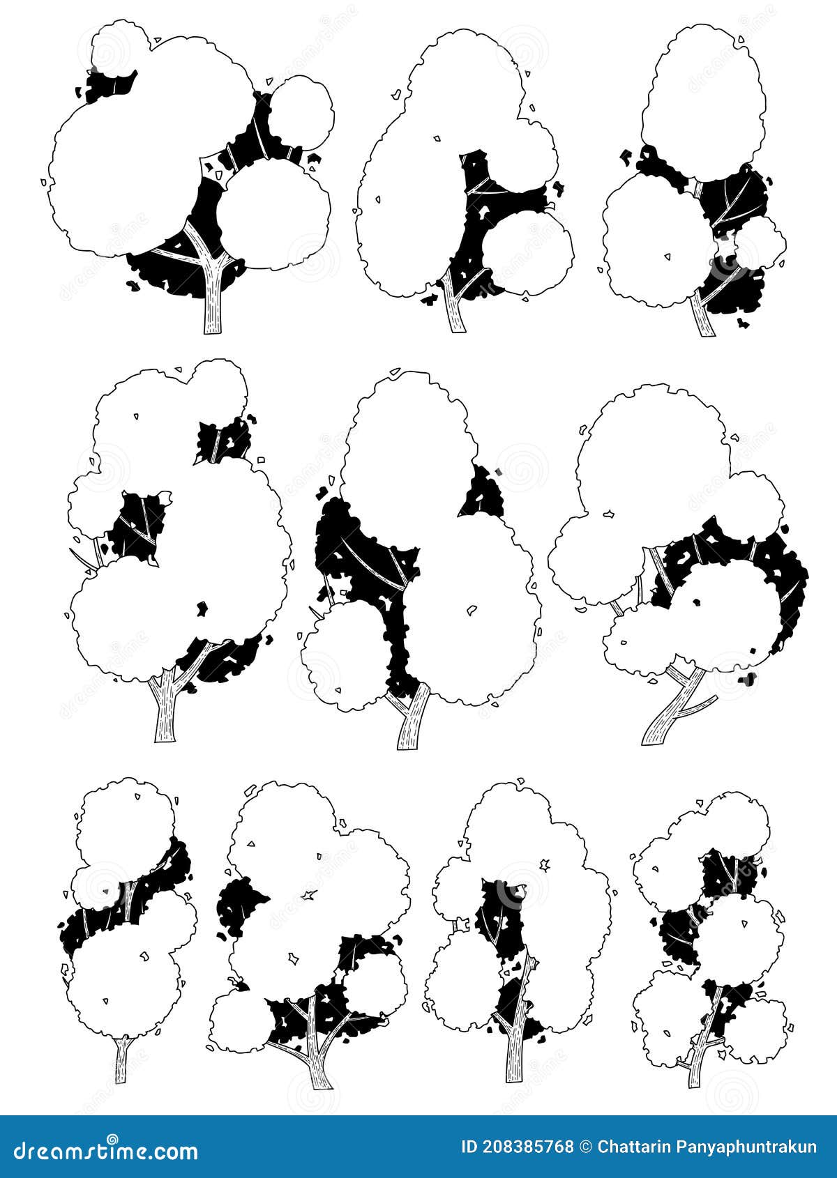 Hand Drawn Side View Tree Vector Set. Stock Vector - Illustration of ...