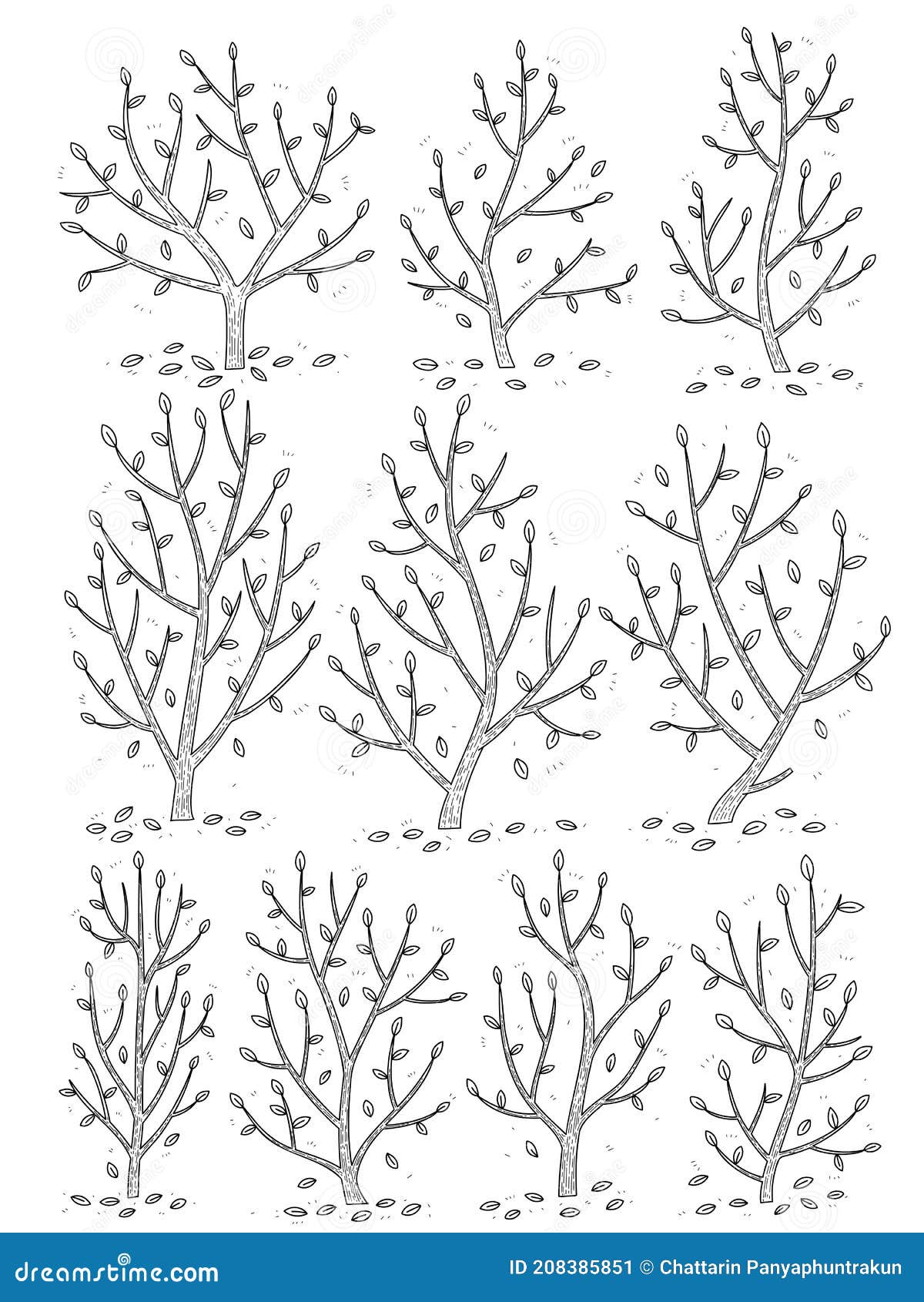 Hand Drawn Side View Tree Vector Set. Stock Vector - Illustration of ...