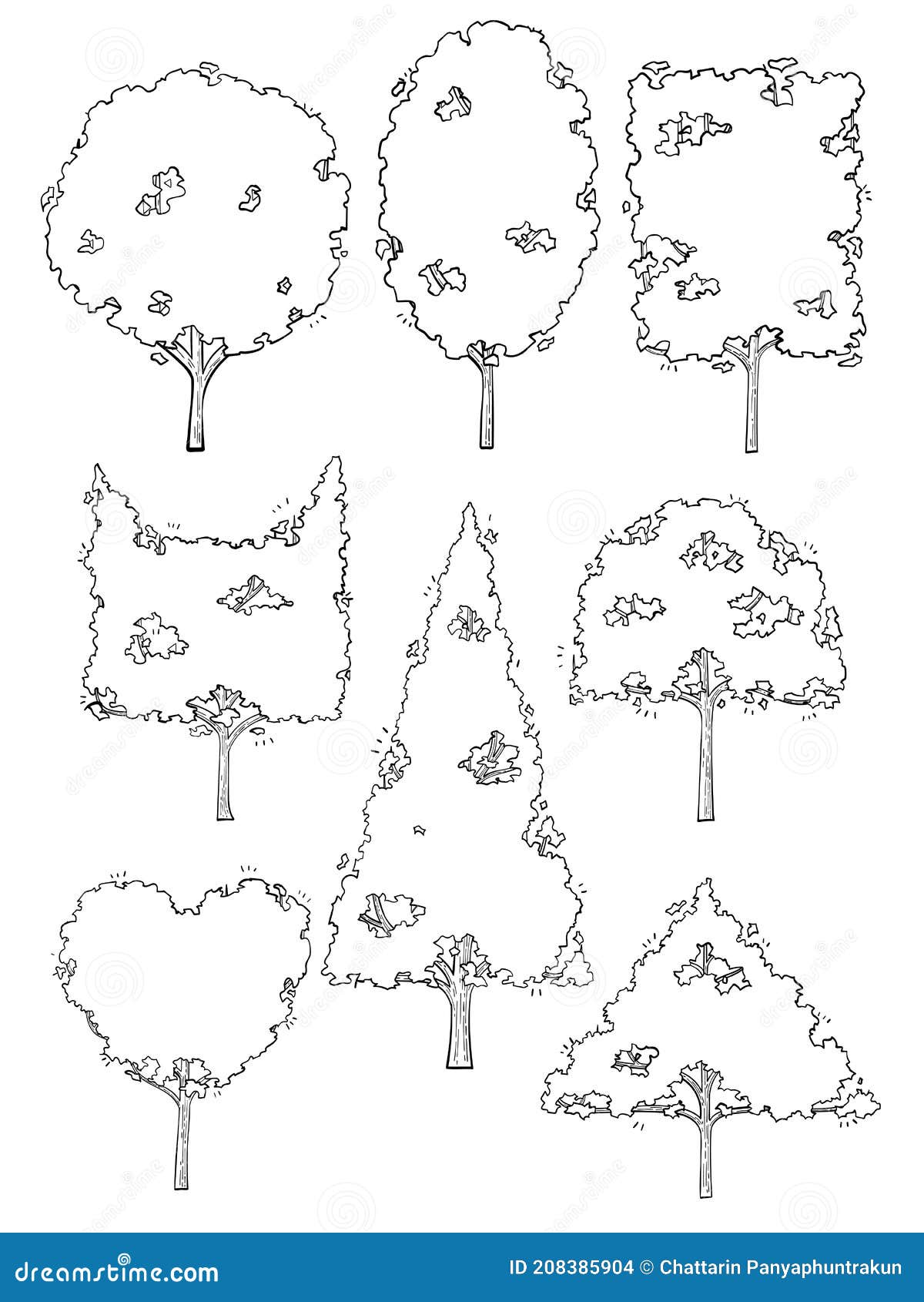 Hand Drawn Side View Tree Vector Set. Stock Vector - Illustration of ...