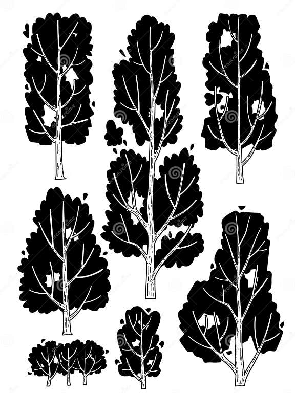 Hand Drawn Side View Tree Vector Set. Stock Vector - Illustration of ...