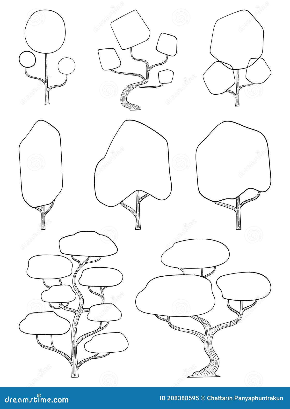 Hand Drawn Side View Tree Vector Set. Stock Vector - Illustration of ...