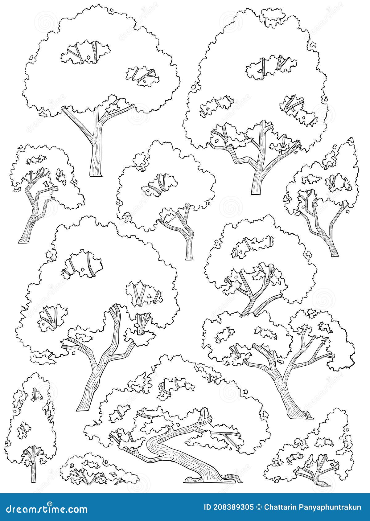Hand Drawn Side View Tree Vector Set Stock Vector - Illustration of ...
