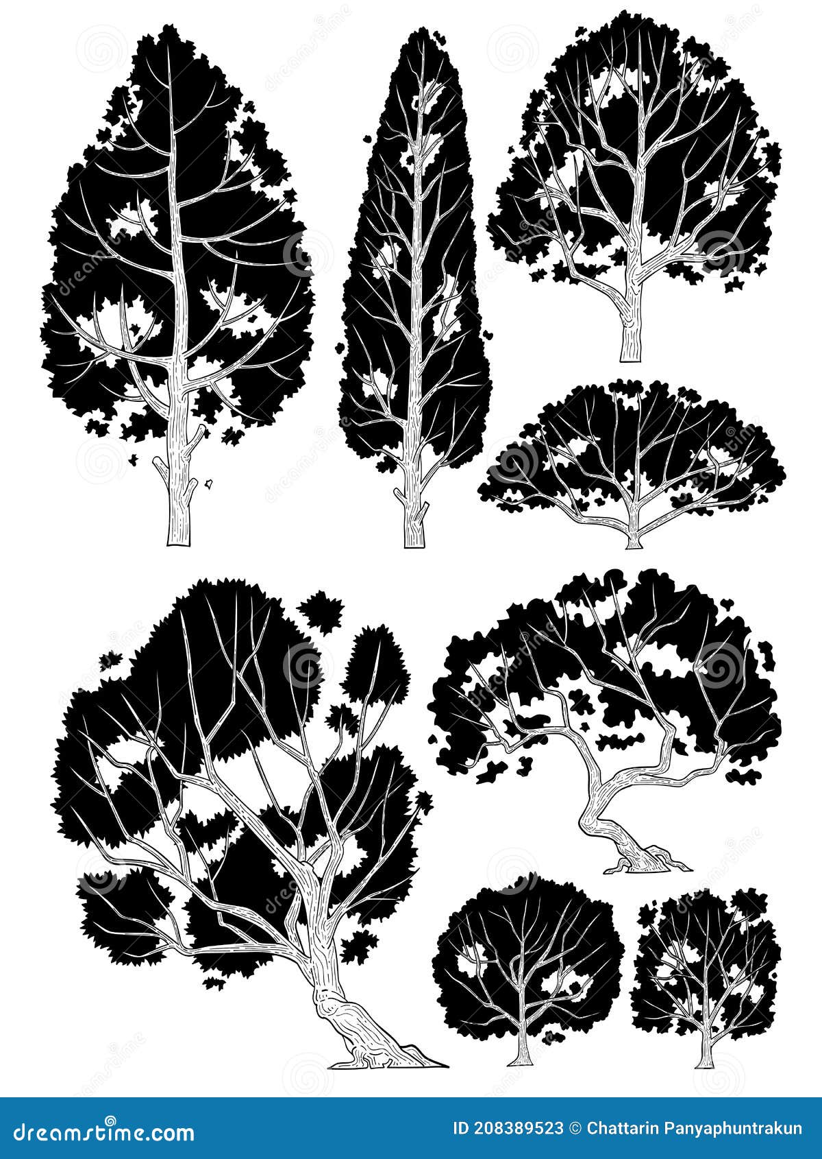Hand Drawn Side View Tree Vector Set Stock Vector - Illustration of ...