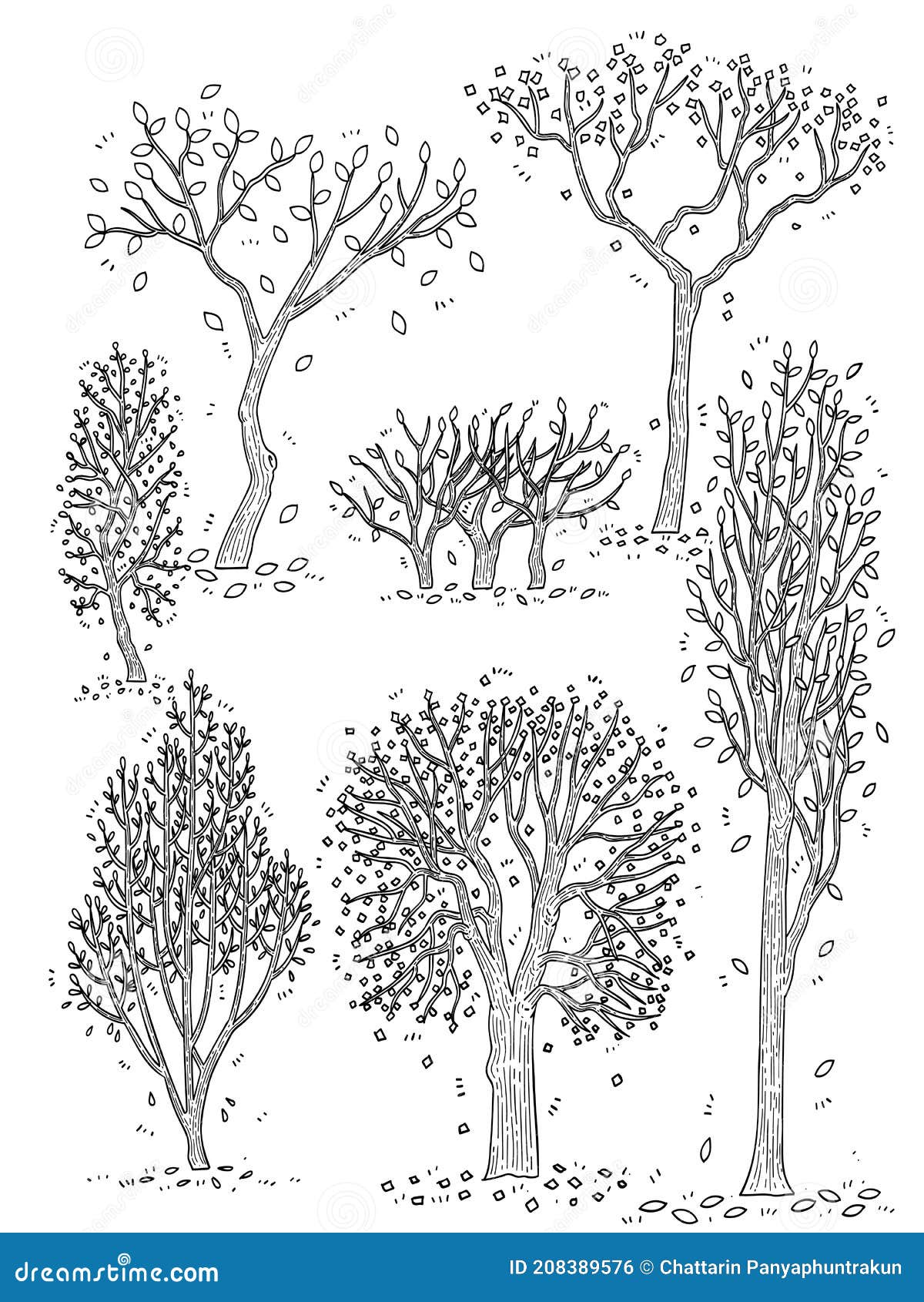Hand Drawn Side View Tree Vector Set Stock Vector - Illustration of ...