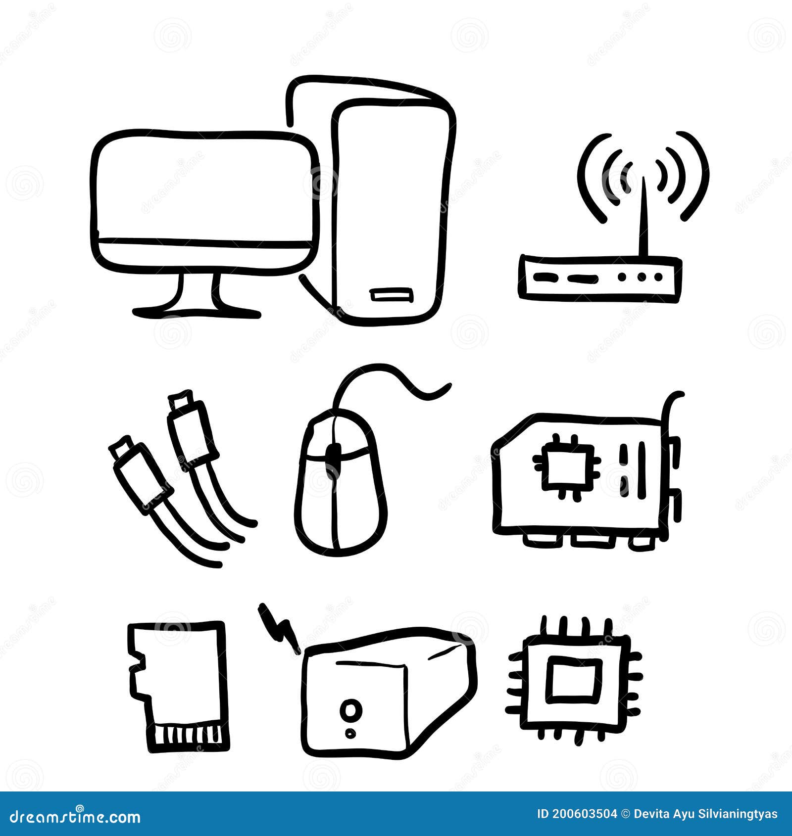 Hand Drawn Simple Set of Computer Components Related Vector Line Icons ...