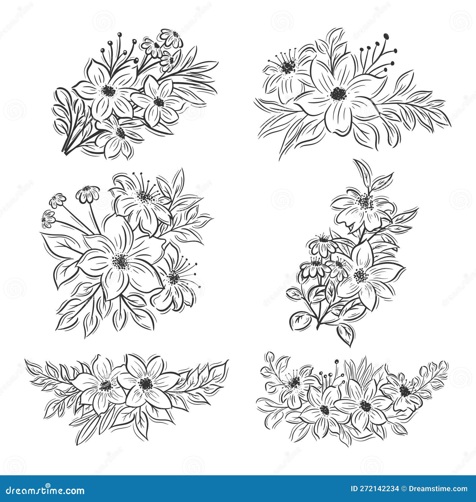 Hand Drawn Six Flower Bouquets Collection Stock Vector - Illustration ...