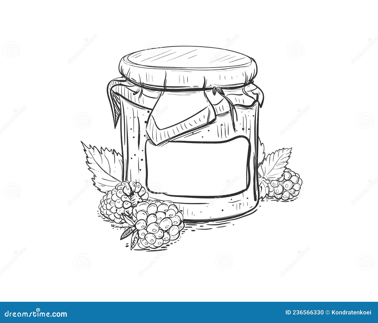 Hand Drawn Sketch Black and White of Berry, Raspberry, Jar, Jam, Leaf ...