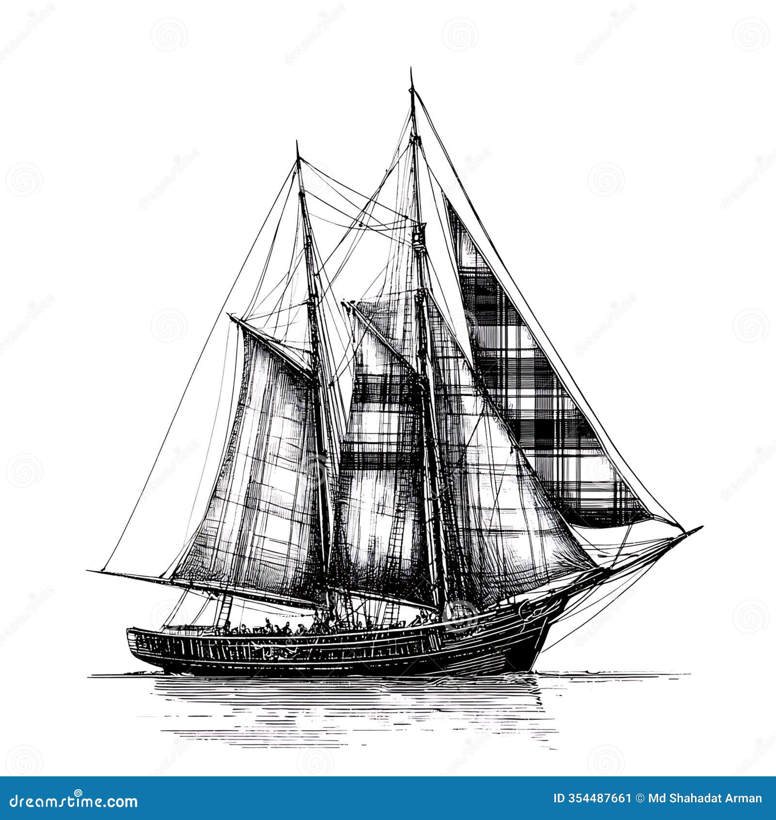 Hand-drawn Sketch of a Classic Sailing Ship with Plaid Sails Stock ...