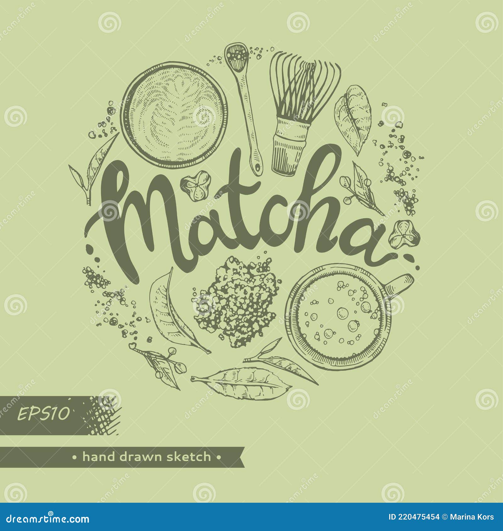 Hand-drawn Sketch Different Matcha Tools and Drinks. Stock Vector ...