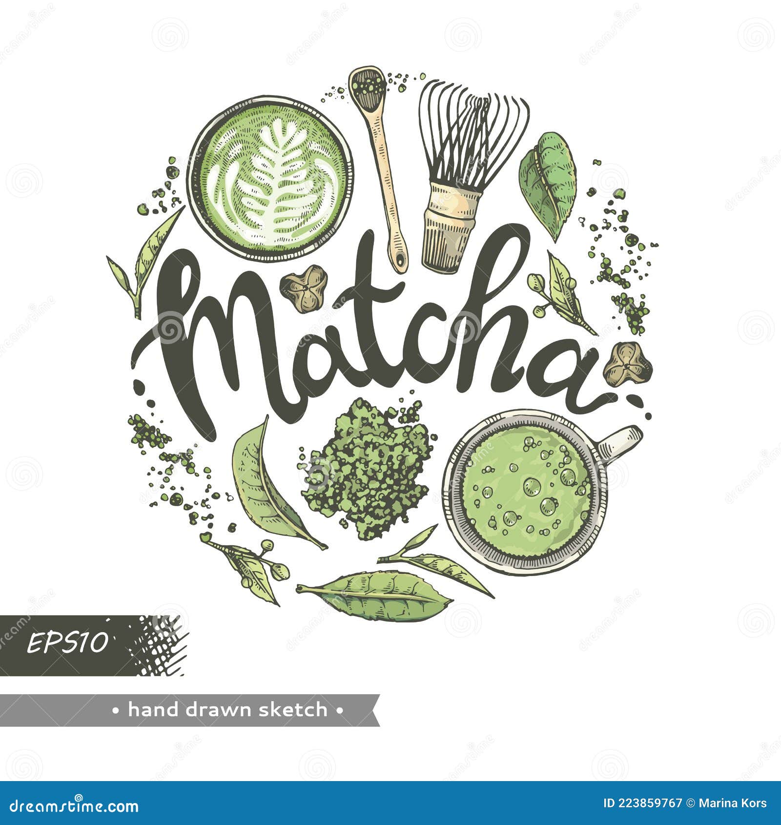 Hand-drawn Sketch Different Matcha Tools and Drinks. Stock Vector ...
