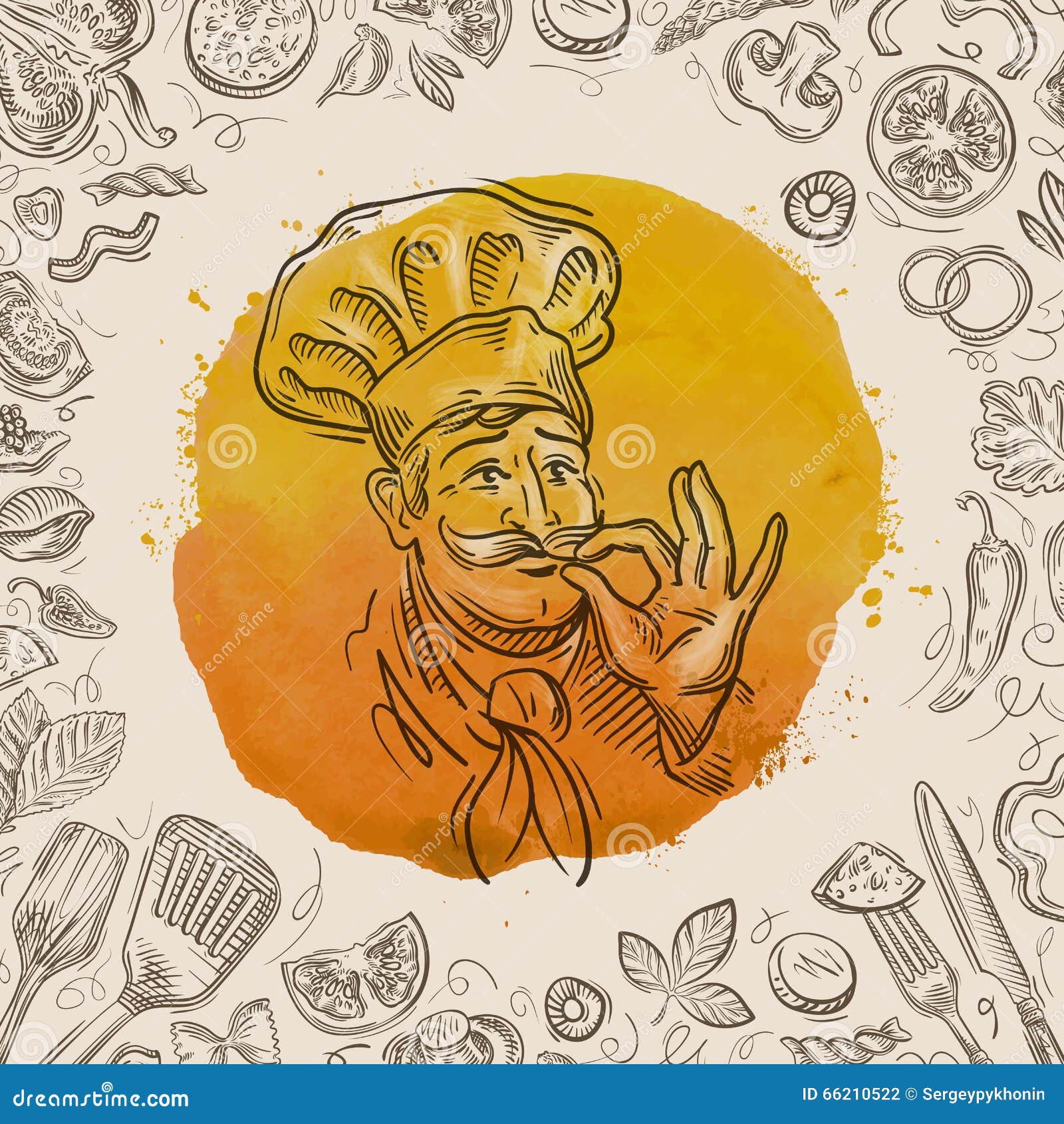 Hand-drawn Sketch of a Happy Chef and the Food. Vector Illustration ...