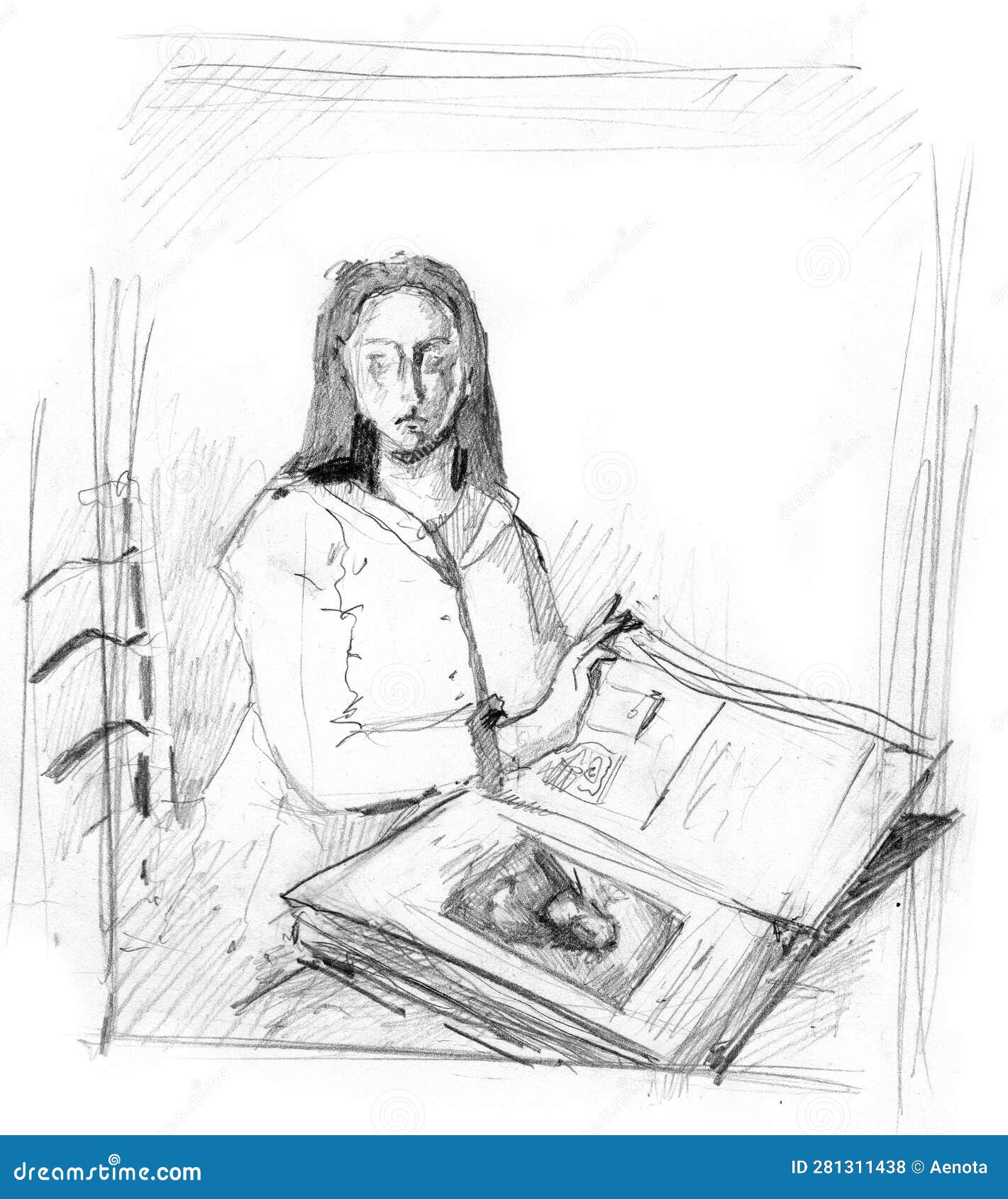Hand Drawn Sketch of Lady with Book Stock Illustration - Illustration ...