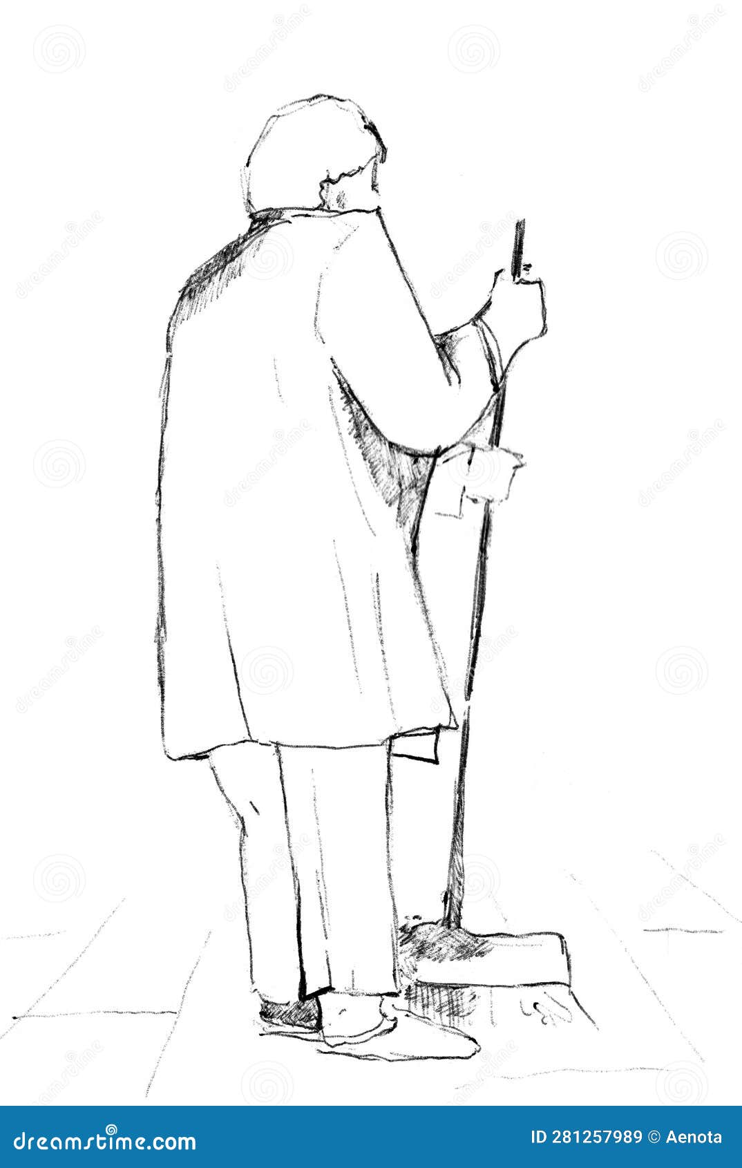 Hand Drawn Sketch of Man with Mop Stock Illustration - Illustration of ...