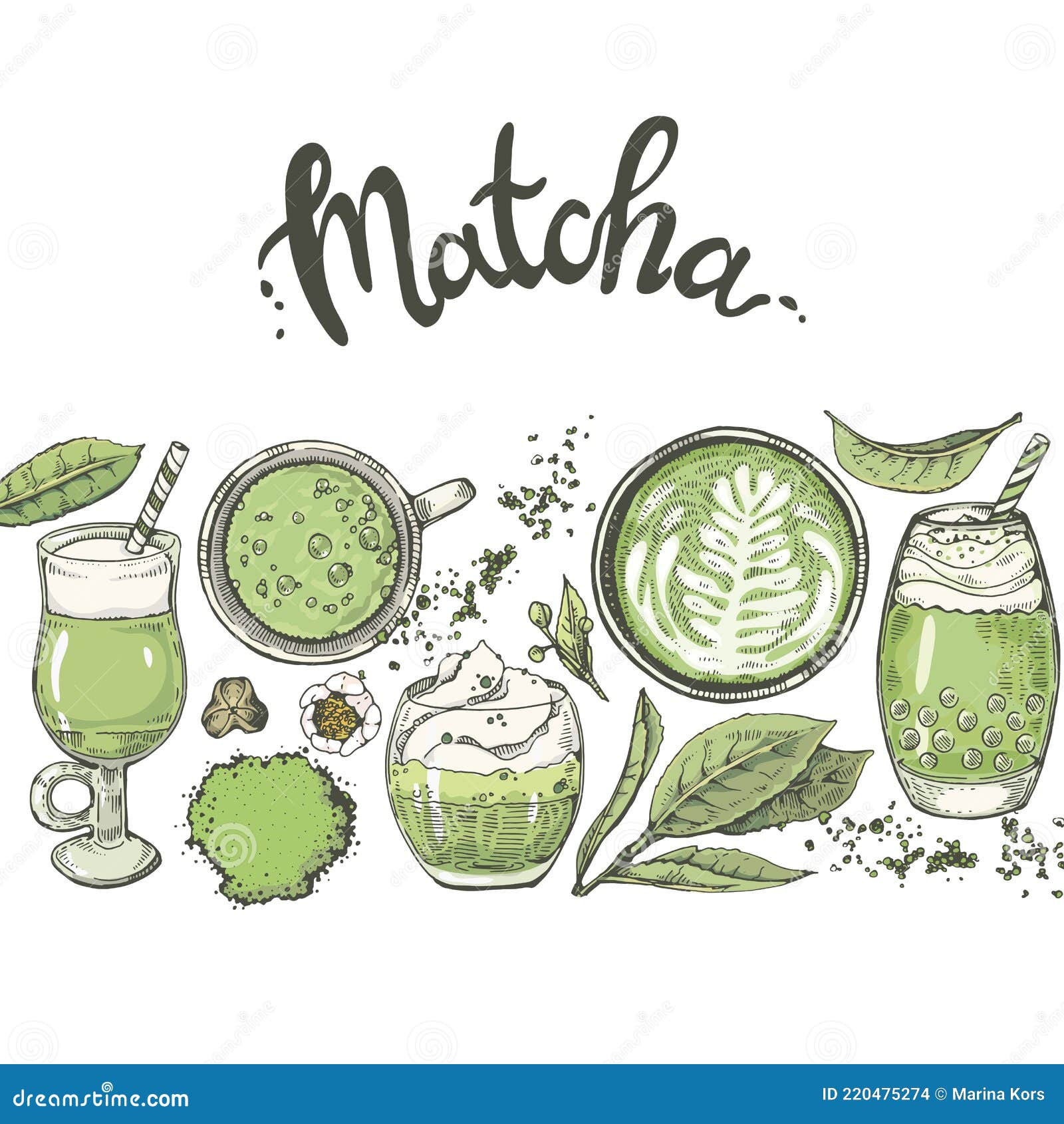 Hand-drawn Sketch Matcha Drinks and Desserts. Stock Vector ...