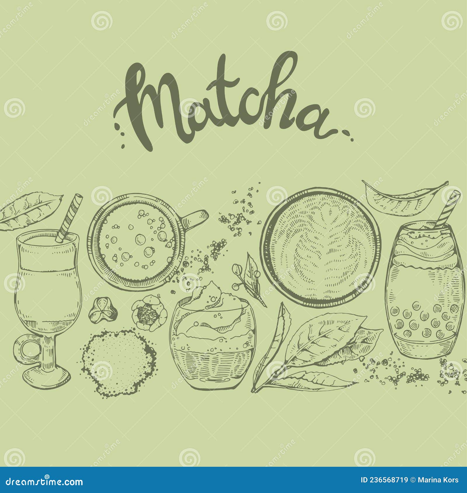 Hand-drawn Sketch Matcha Drinks and Desserts. Stock Illustration ...