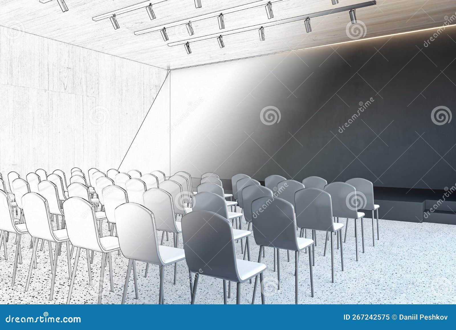 Hand Drawn Sketch of Loft Concrete Auditorium Interior. Design and ...