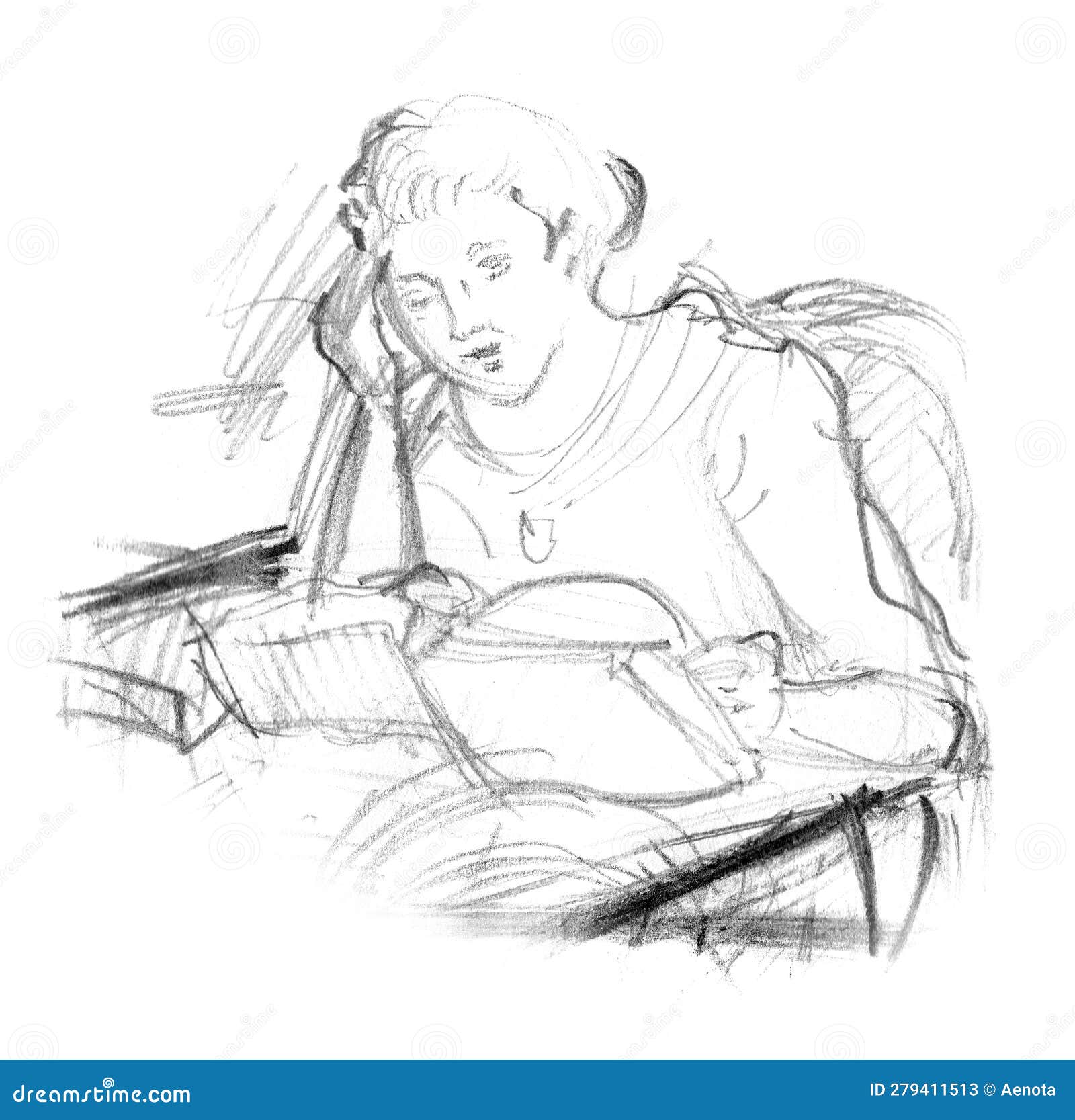 Hand Drawn Sketch of Reading Girl Stock Illustration - Illustration of ...