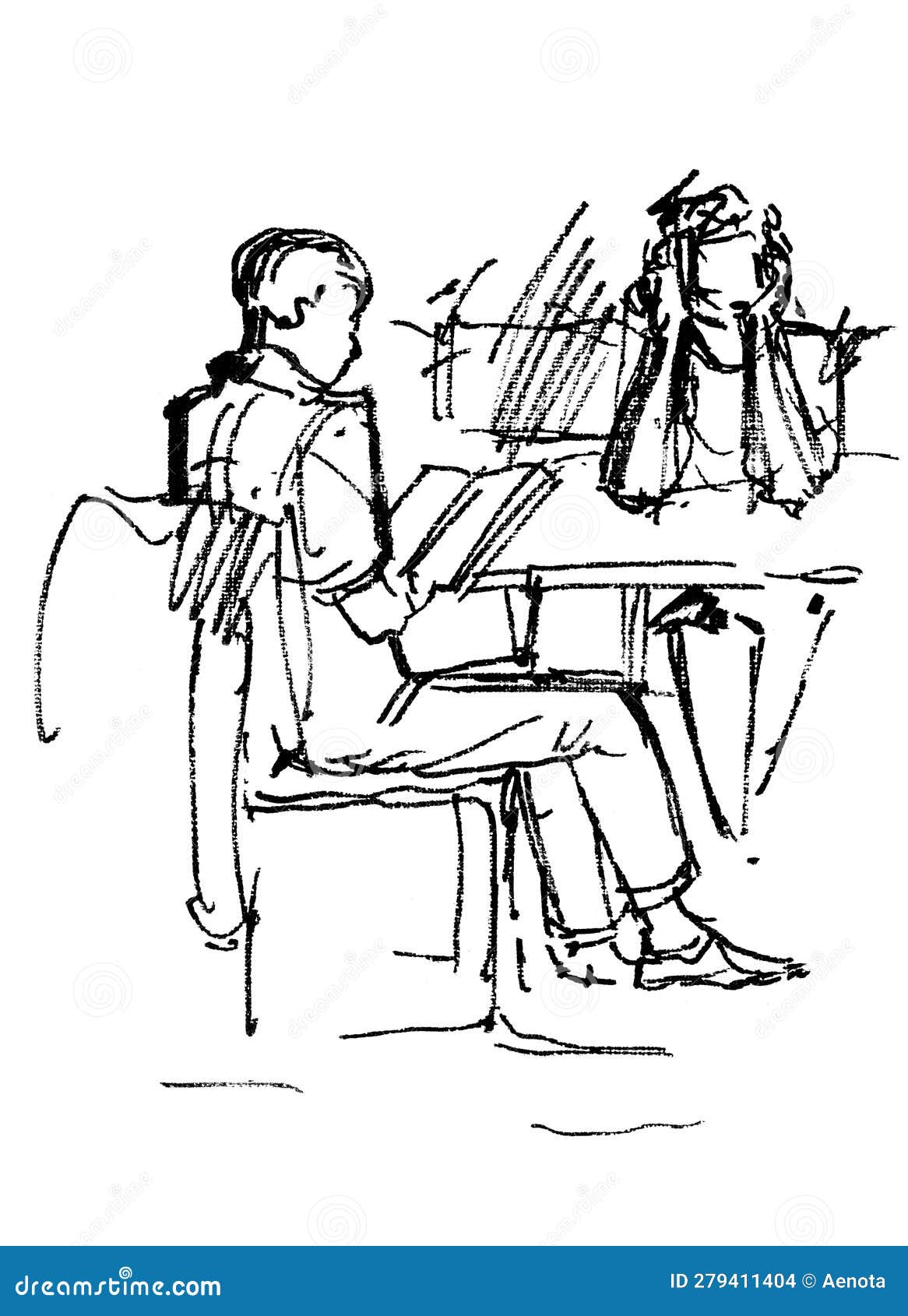 Hand Drawn Sketch of Reading Students Stock Illustration - Illustration ...