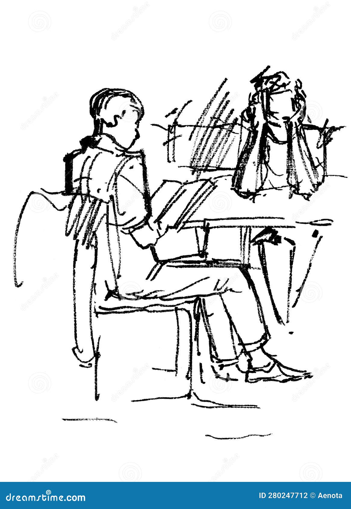 Hand Drawn Sketch of Reading Students Stock Illustration - Illustration ...