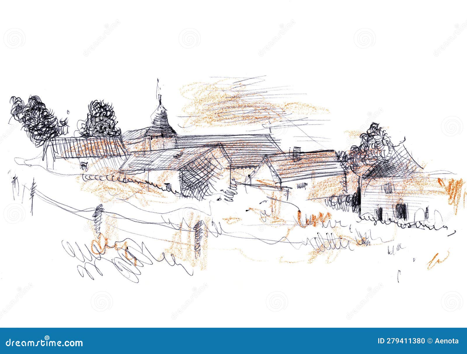 Hand Drawn Sketch of Rural Landscape Stock Illustration - Illustration ...