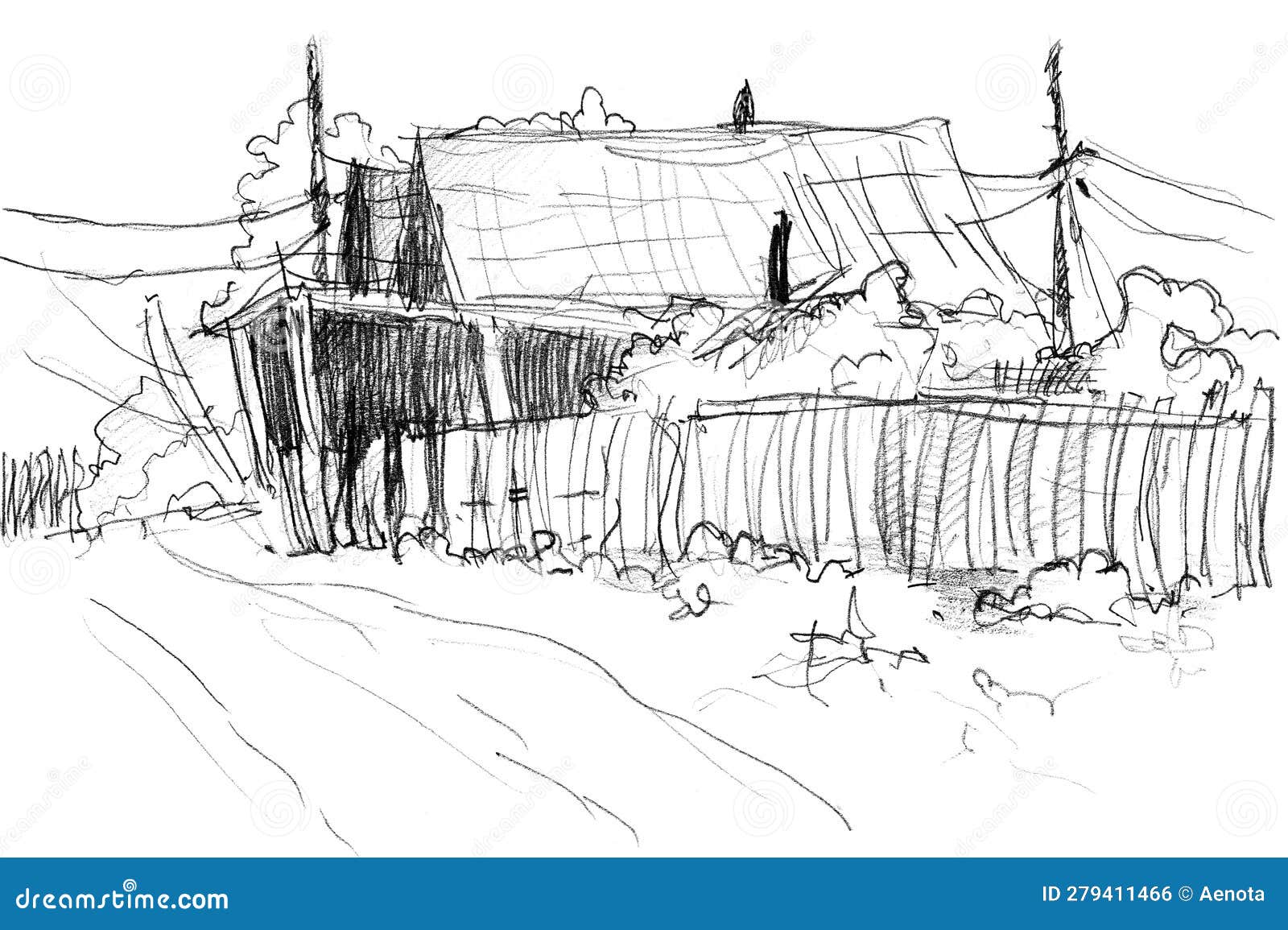 Hand Drawn Sketch of Rural Landscape Stock Illustration - Illustration ...