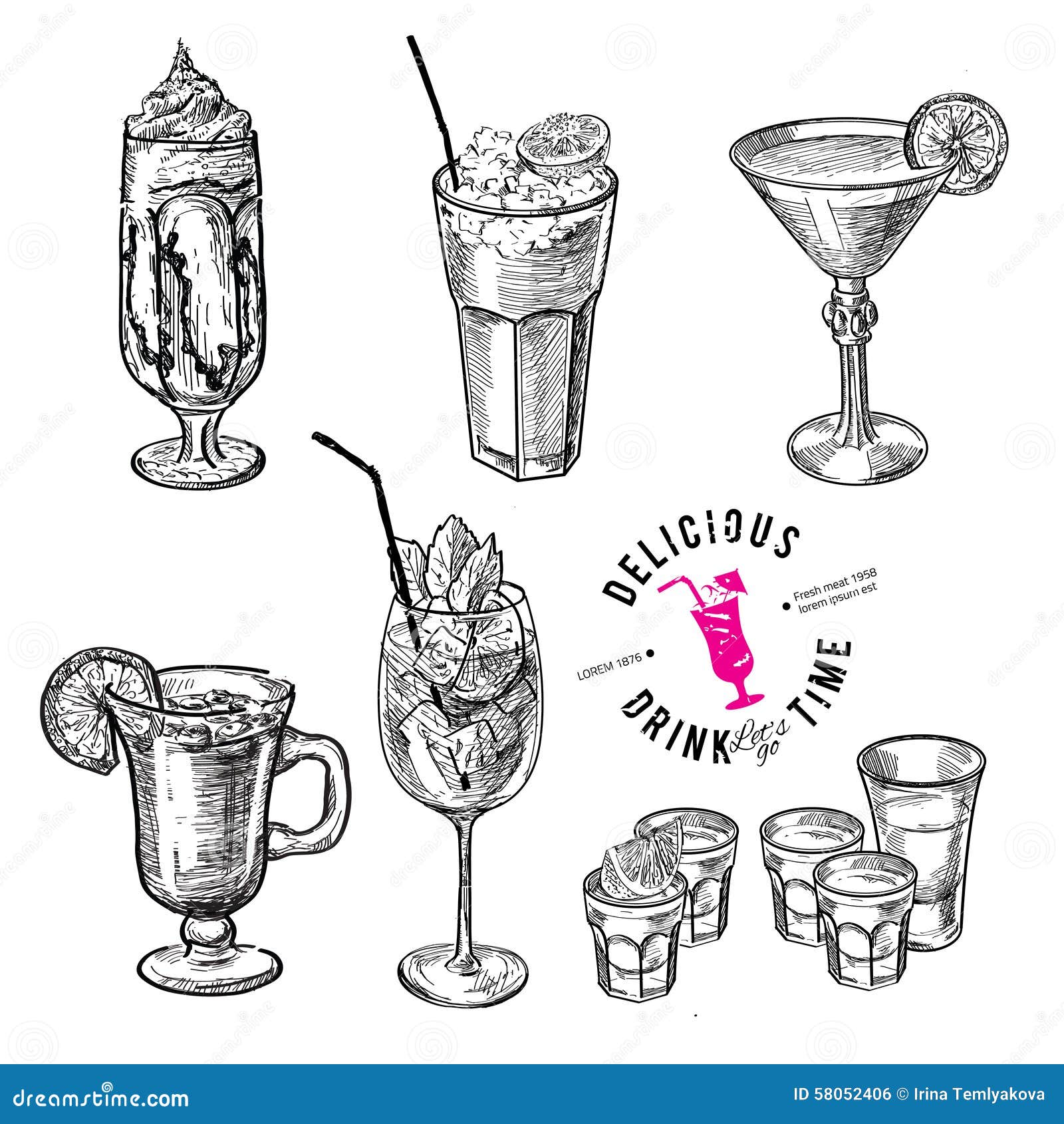 Hand Drawn Sketch Set of Alcoholic Cocktails. Stock Vector ...