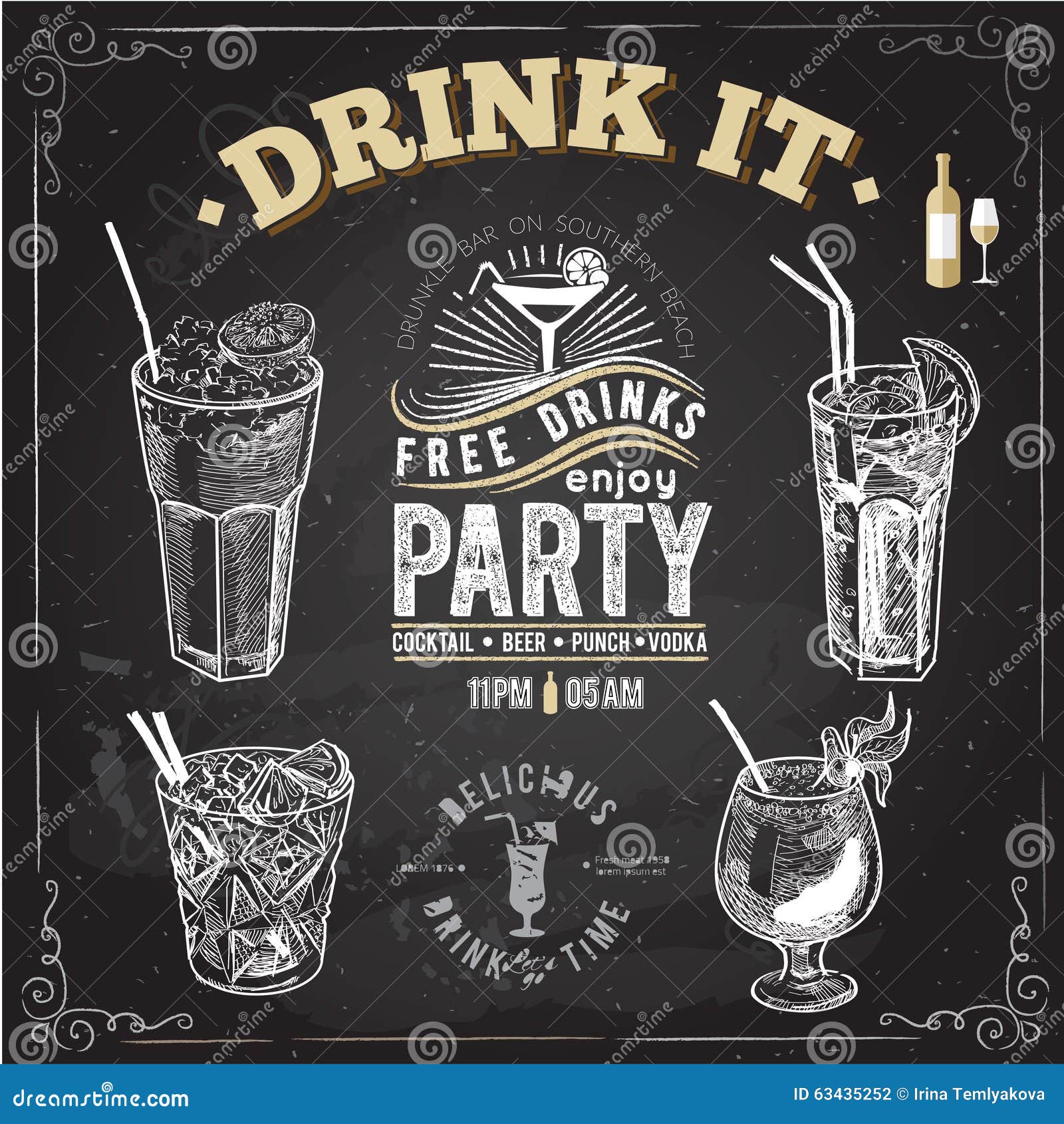 Hand Drawn Sketch Set Of Alcoholic Cocktails Vector Illustration Stock