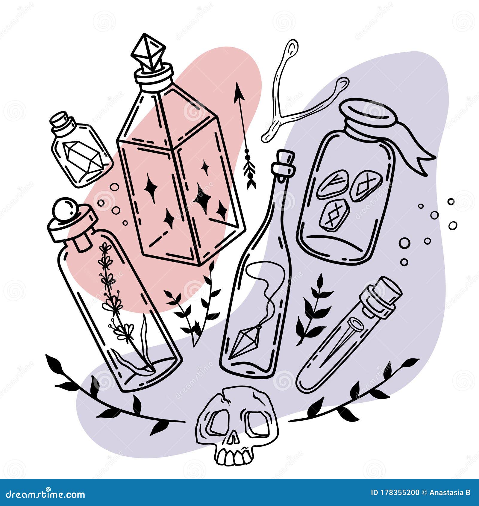 Hand Drawn Sketch a Set of Magic Components with Different Potion ...