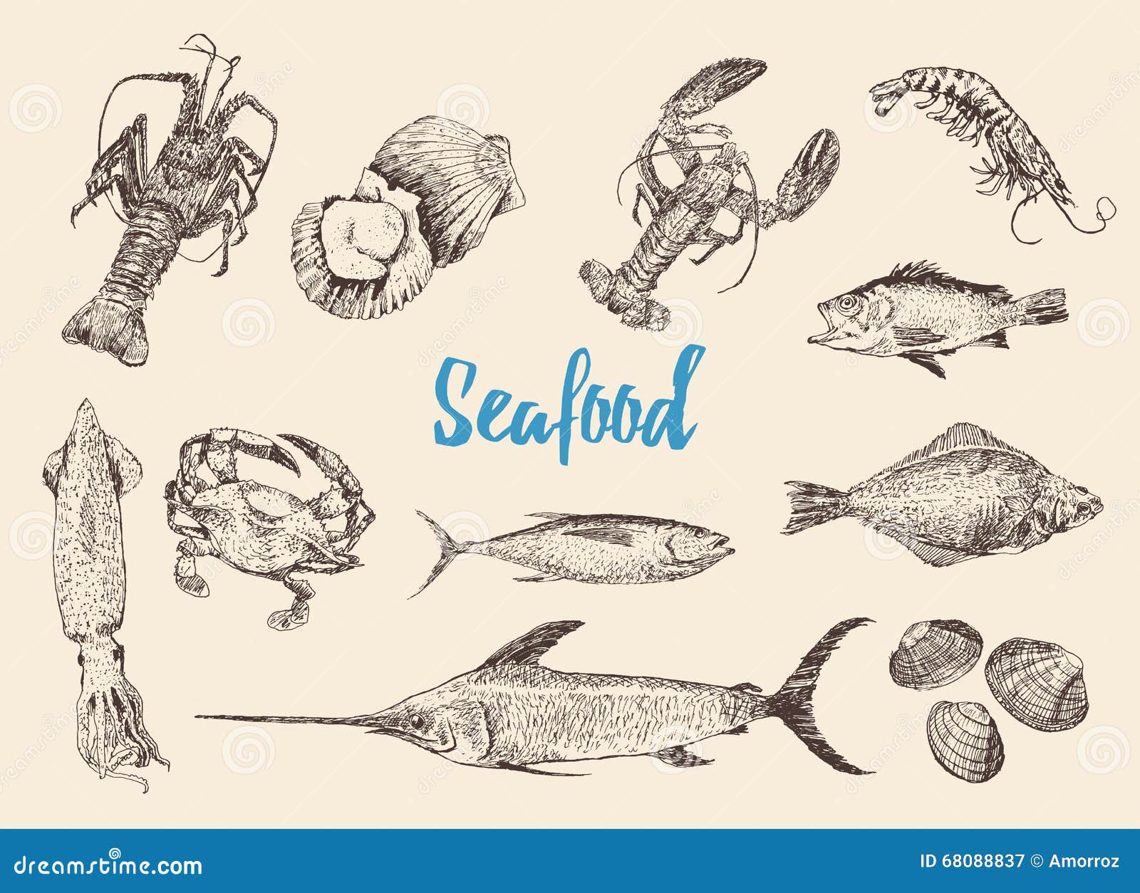 Hand Drawn Sketch Set of Seafood Stock Vector - Illustration of fish ...