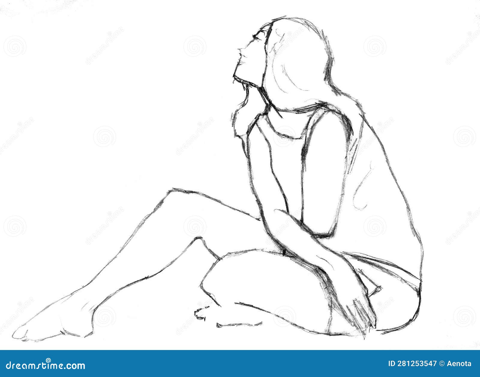 Hand Drawn Sketch of Sitting Girl Stock Illustration - Illustration of ...