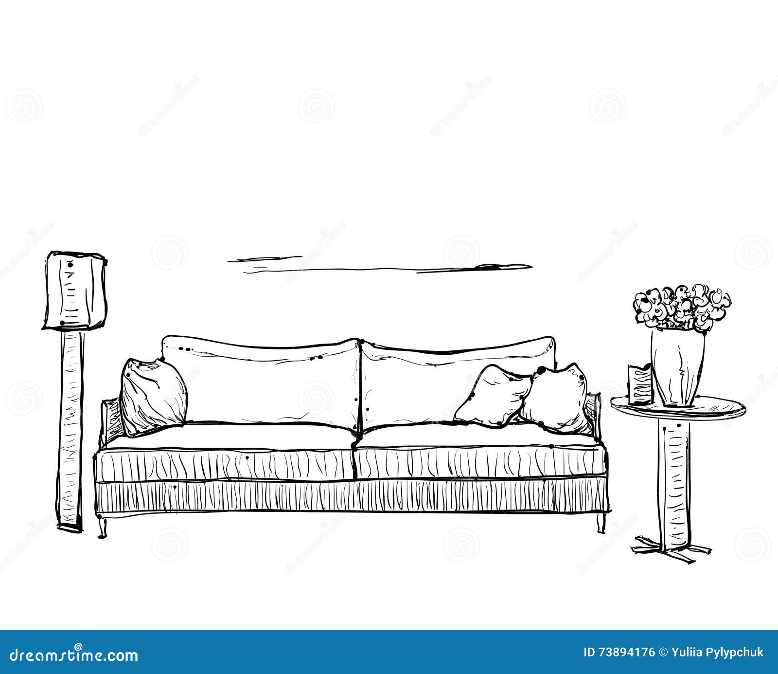 Hand Drawn Sketch of Sofa with Pillows. Stock Vector - Illustration of ...