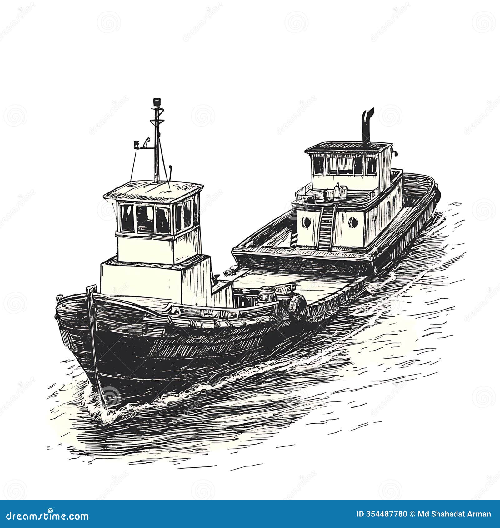 Hand-drawn Sketch of a Tugboat on Water Ink Sketch Stock Illustration ...