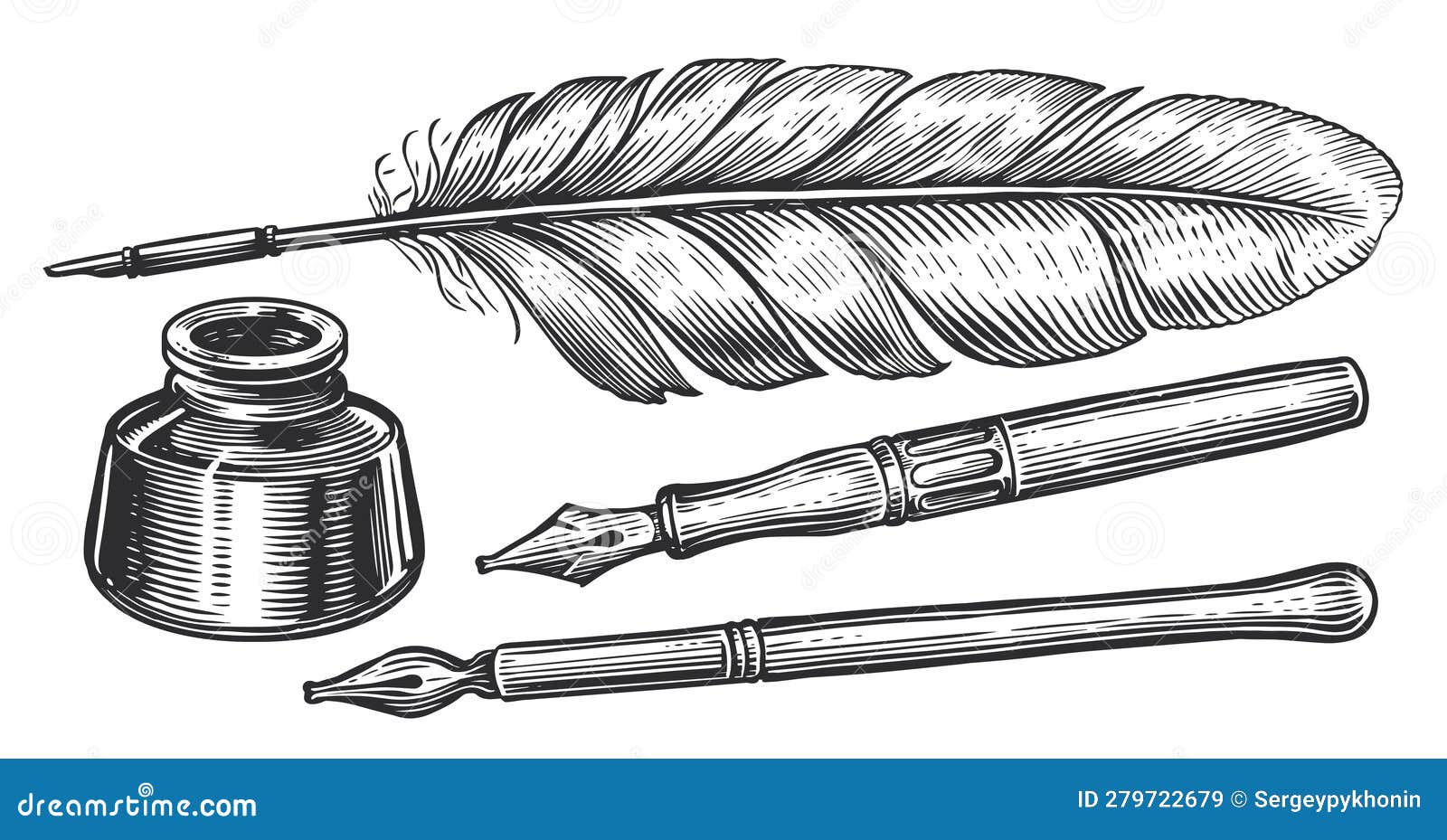 Inkwell and Feather Quill Dip Pen. Hand Drawn Sketch Vector ... Inkwell and Feather Quill Dip Pen. Hand Drawn Sketch Vector ...