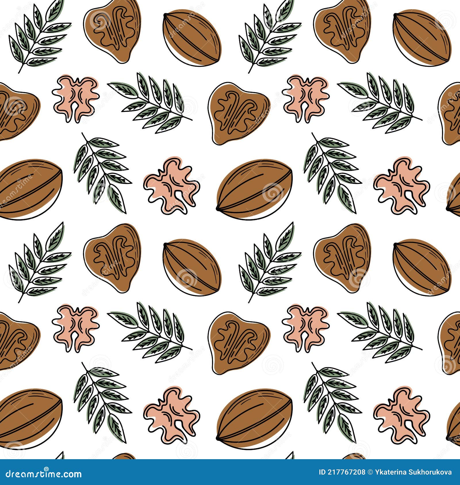 Hand Drawn Sketch Vector Seamless Background Pattern of Walnut. Cute ...