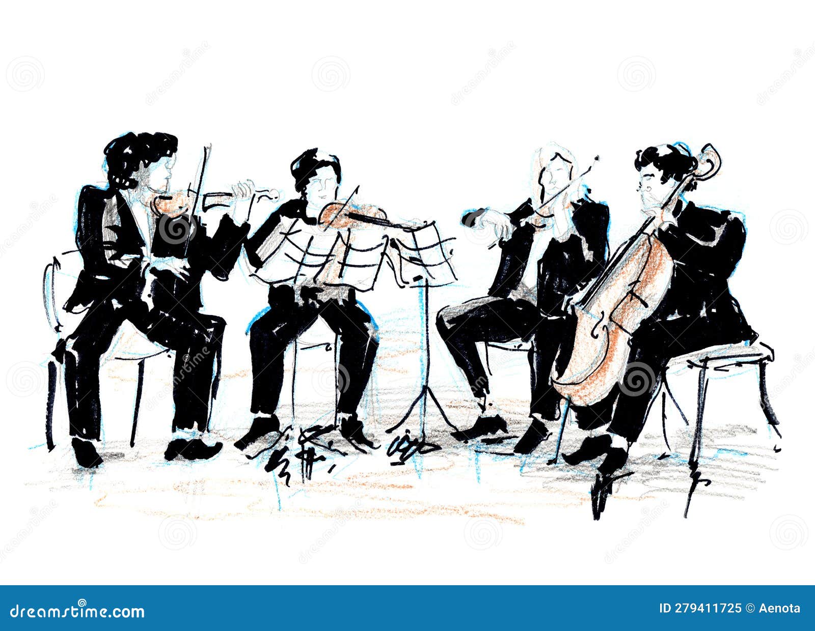 Hand Drawn Sketch of Violinist Quartet Stock Image - Image of harmonist ...