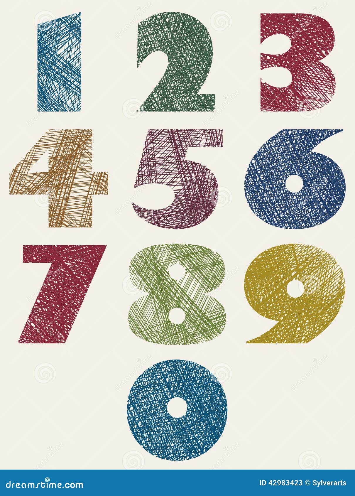 Hand Drawn and Sketched Color Bold Numbers Set, Vector Sketch St Stock ...